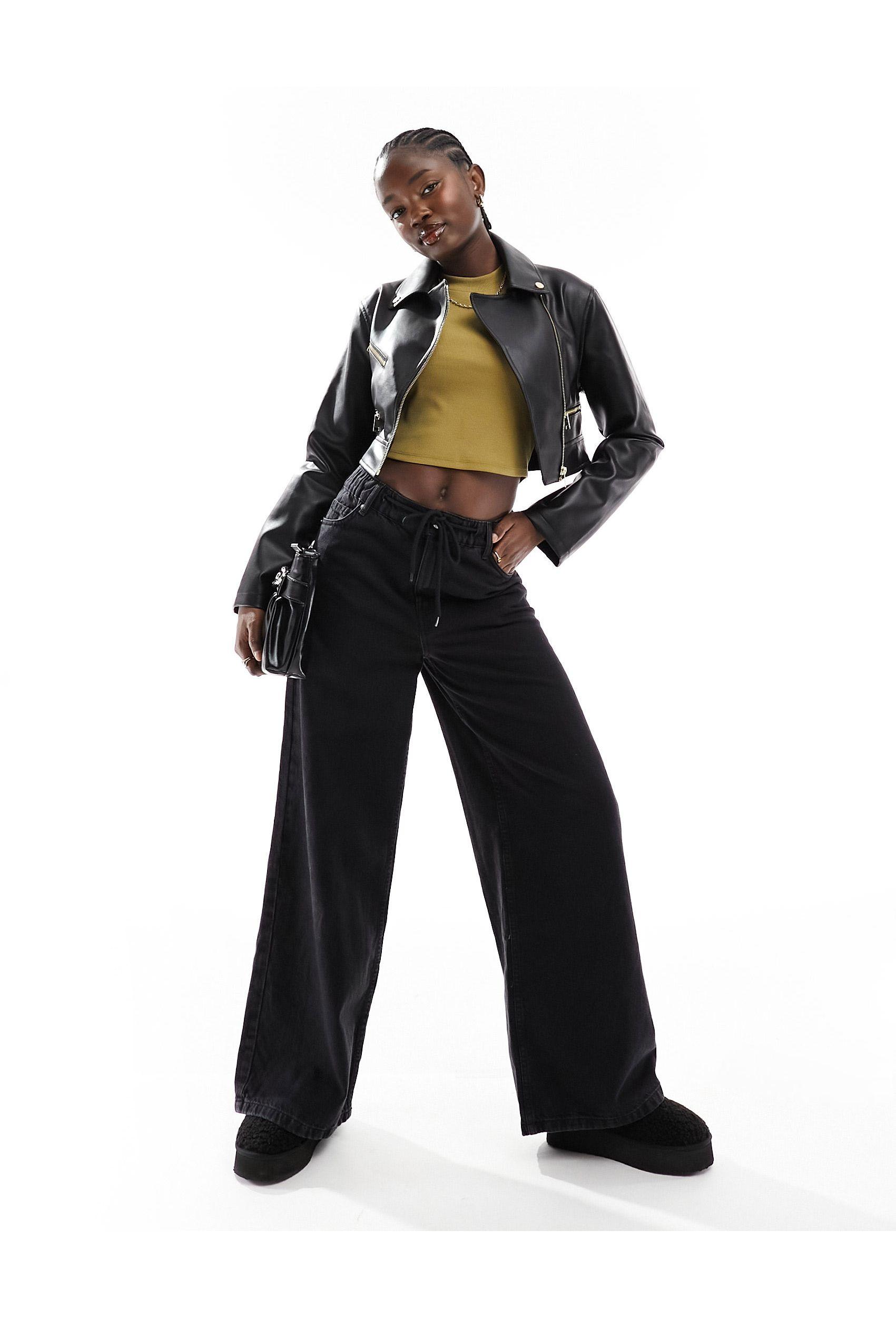 ASOS Super Cropped Faux Leather Jacket With Gold Detailing in Black | Lyst