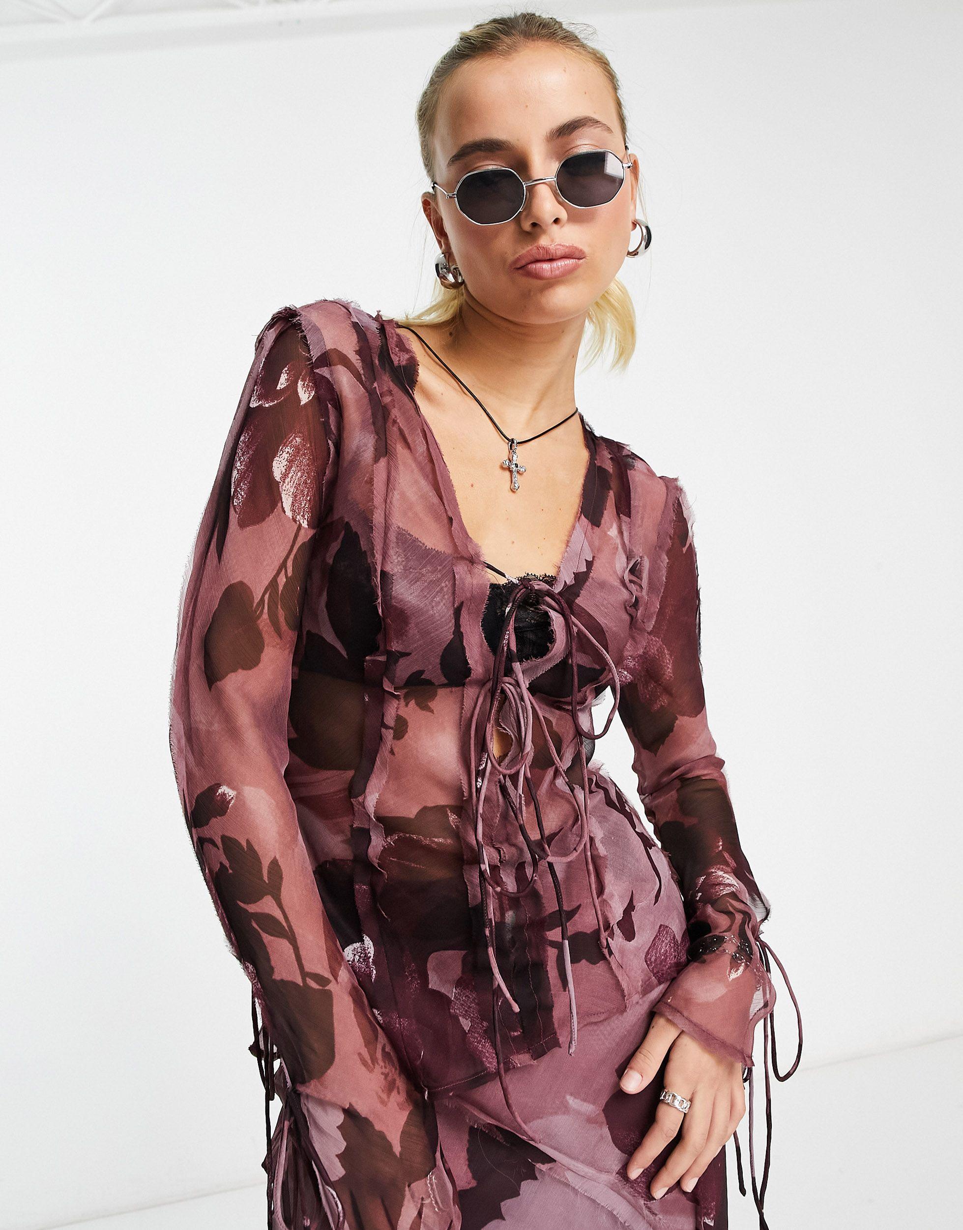 Asos Sheer Tie Front Blouse In Red Lyst