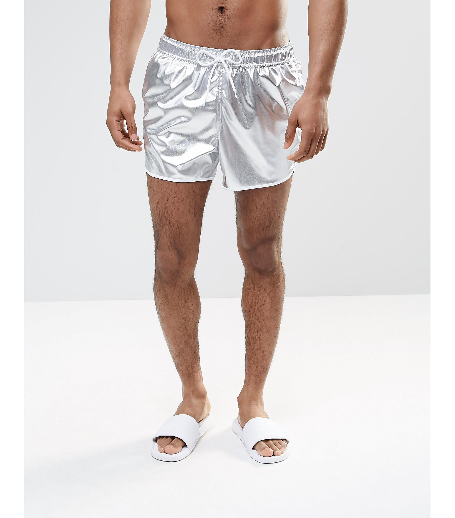 ASOS Short Length Runner Swim Shorts In Metallic Silver - Silver for ...