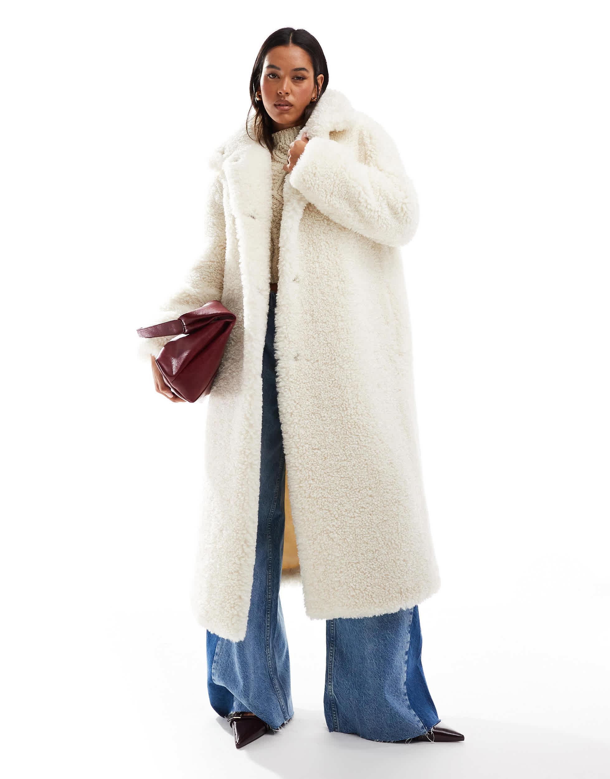 ASOS Longline Curly Borg Coat in White | Lyst