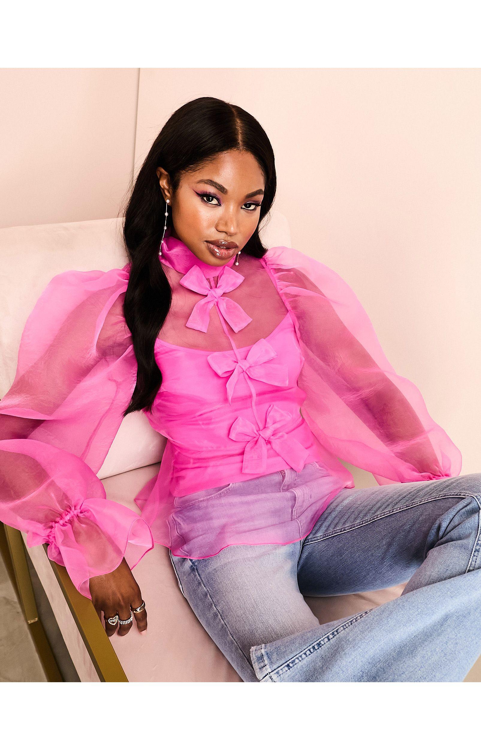 ASOS Sheer Pussybow Top With Puff Sleeves in Pink | Lyst