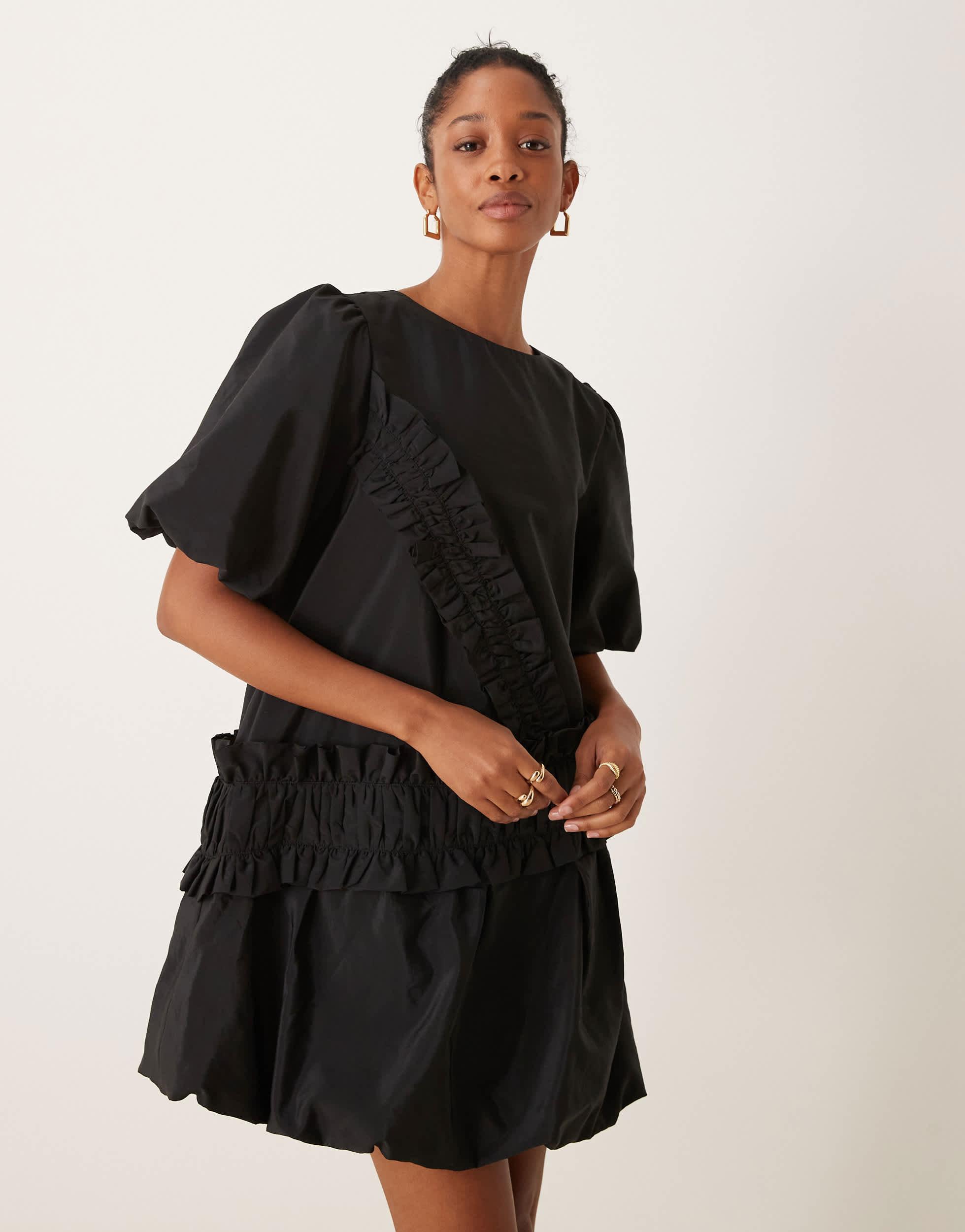 ASOS Parachute Mini Smock Dress With Puffed Sleeve & Ruffle Detail in ...