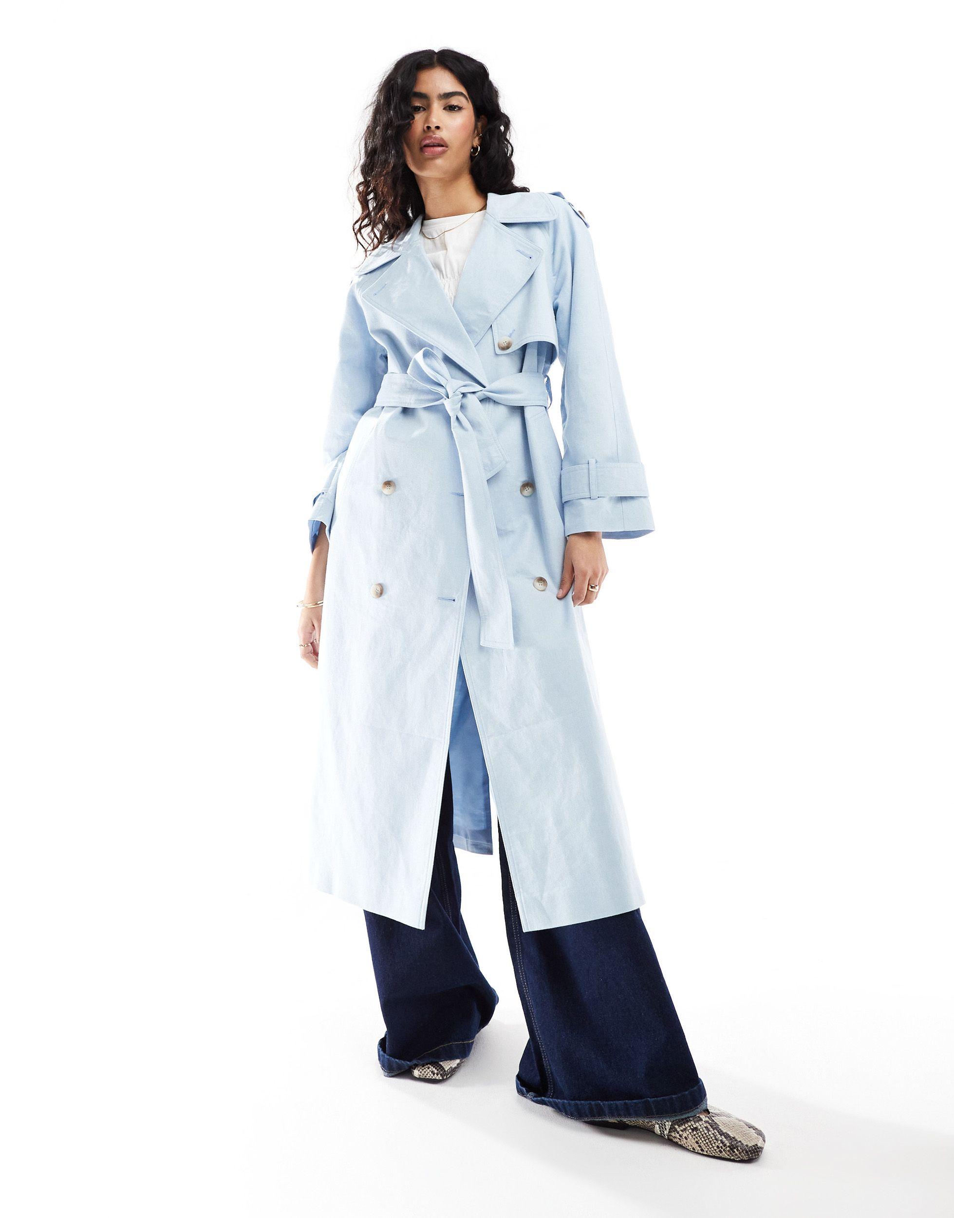ASOS Longline Linen Mix Trench Coat in Blue | Lyst