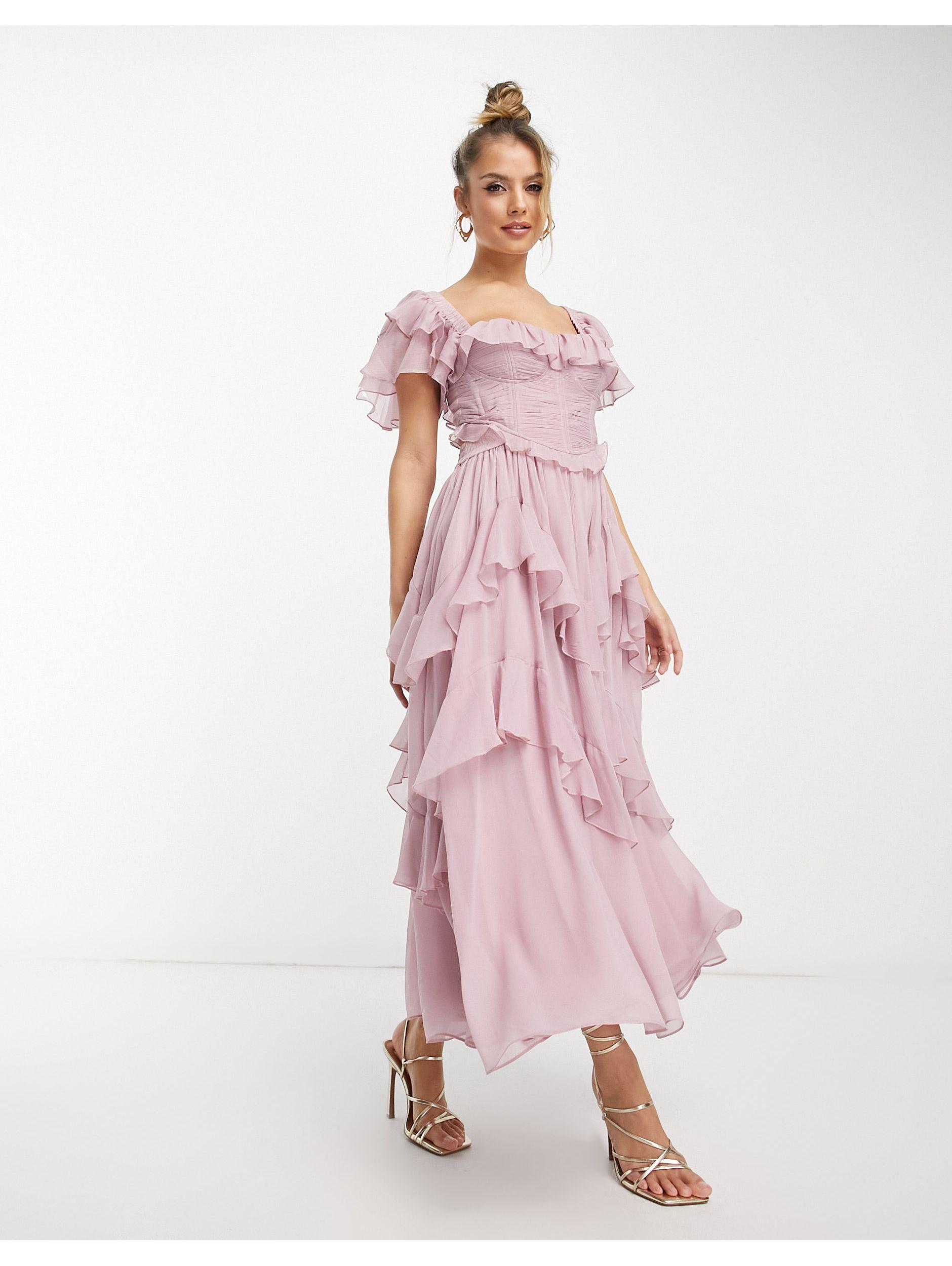 Asos Flutter Sleeve Ruched Corset Detail Tiered Midi Dress In Pink