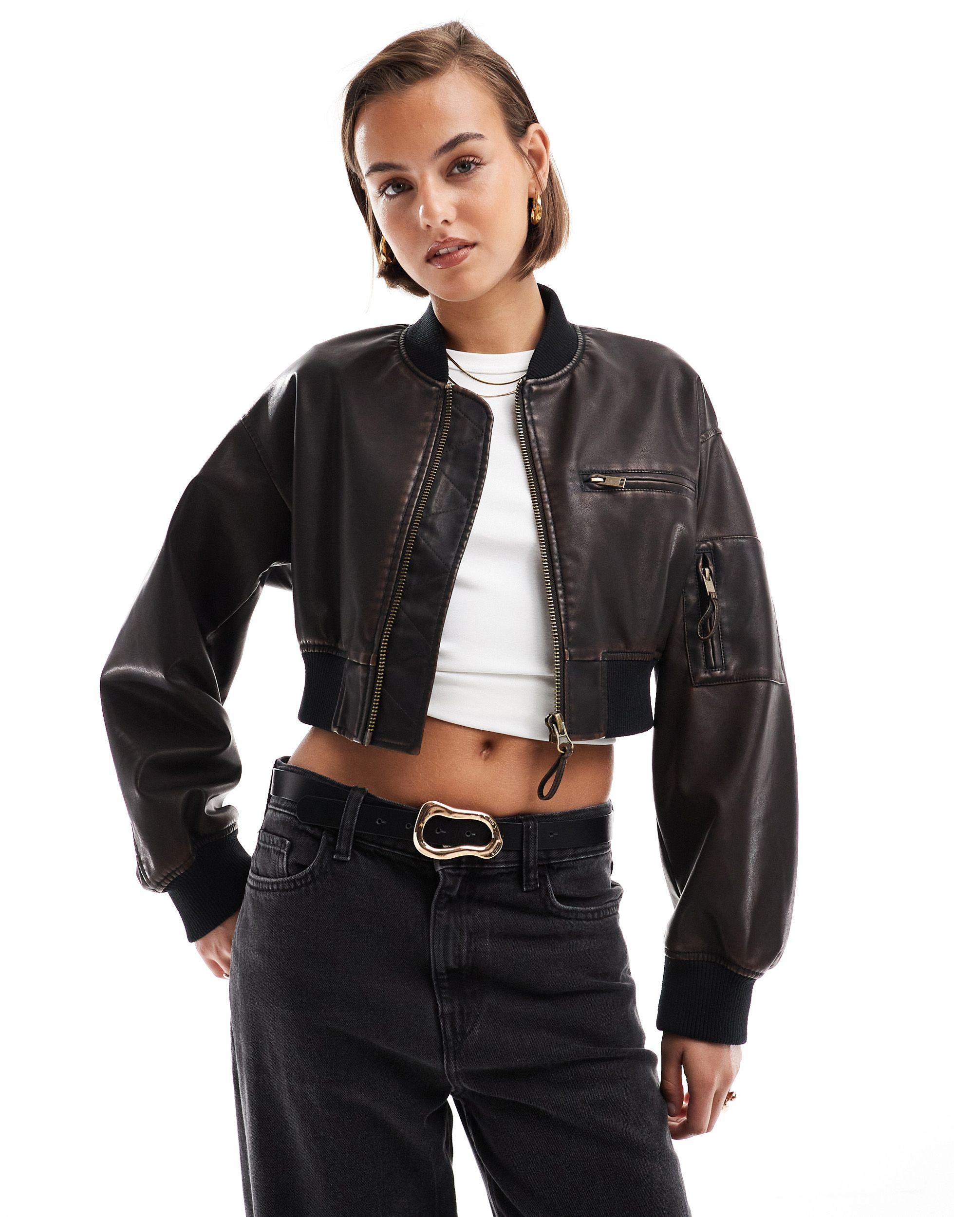ASOS Washed Cropped Leather Look Bomber Jacket in Black | Lyst