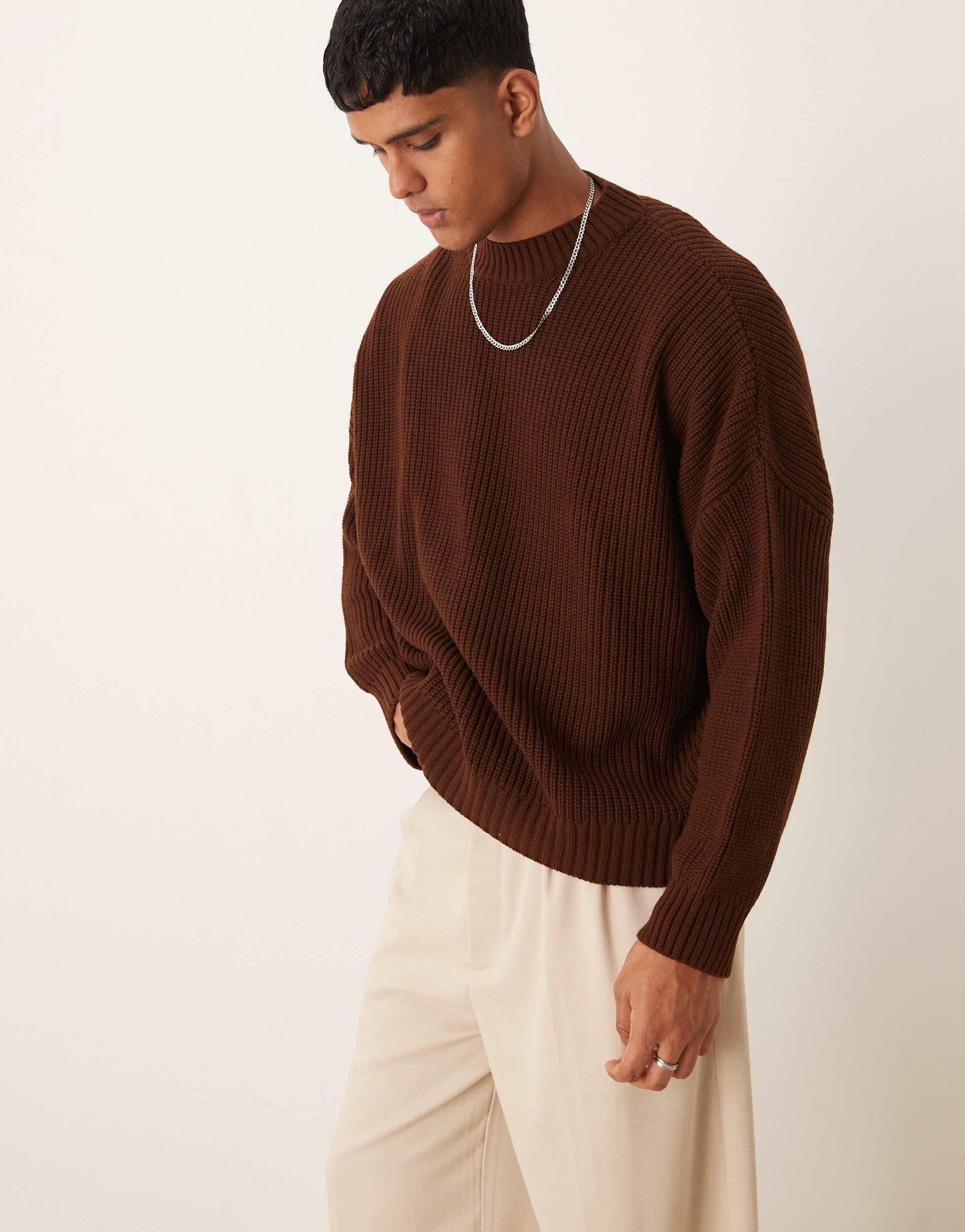 ASOS Super Oversized Boxy Fit Ribbed Knitted Jumper in Brown for Men | Lyst