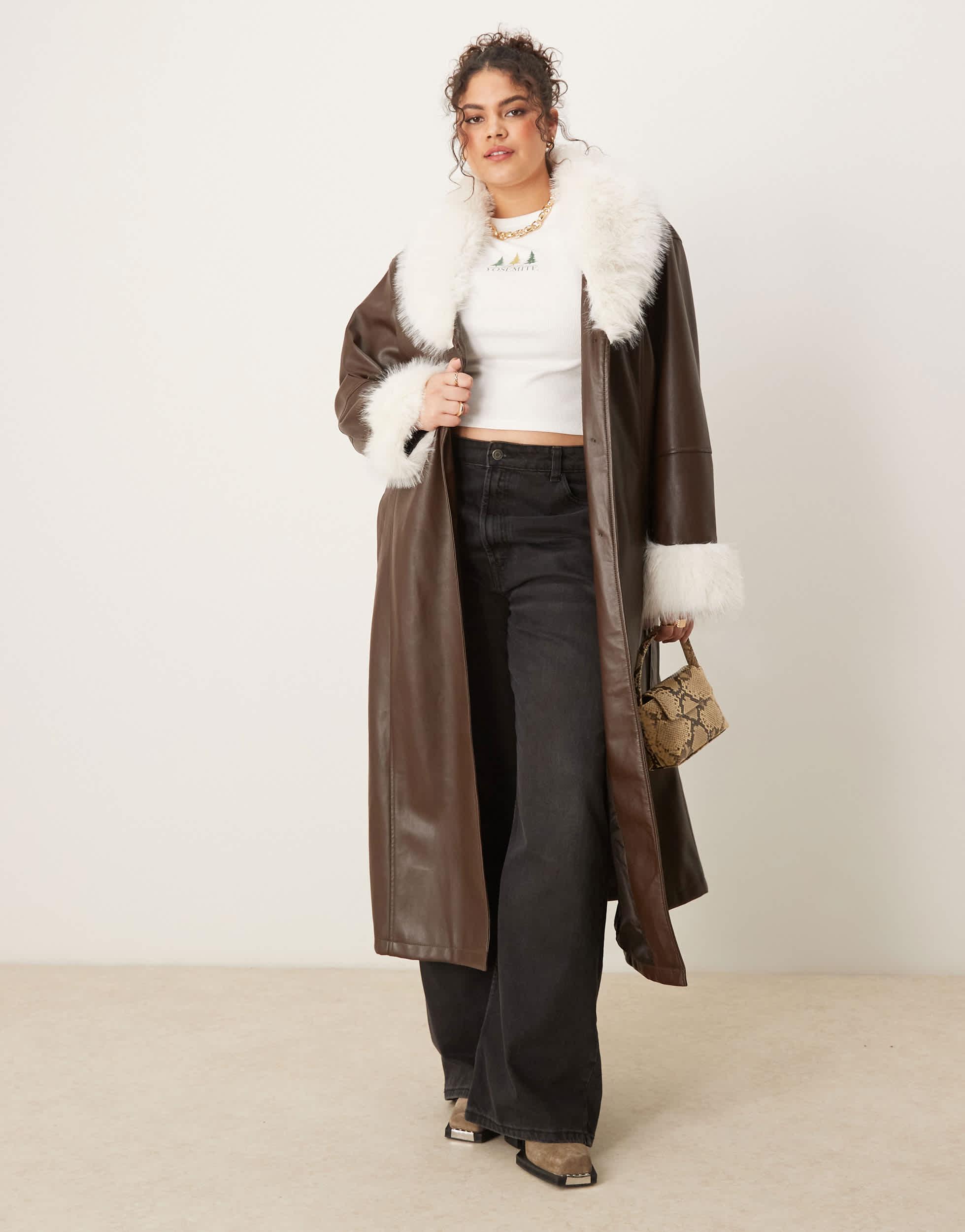 ASOS Asos Design Curve Faux Fur Collar And Cuff Longline Leather Look ...