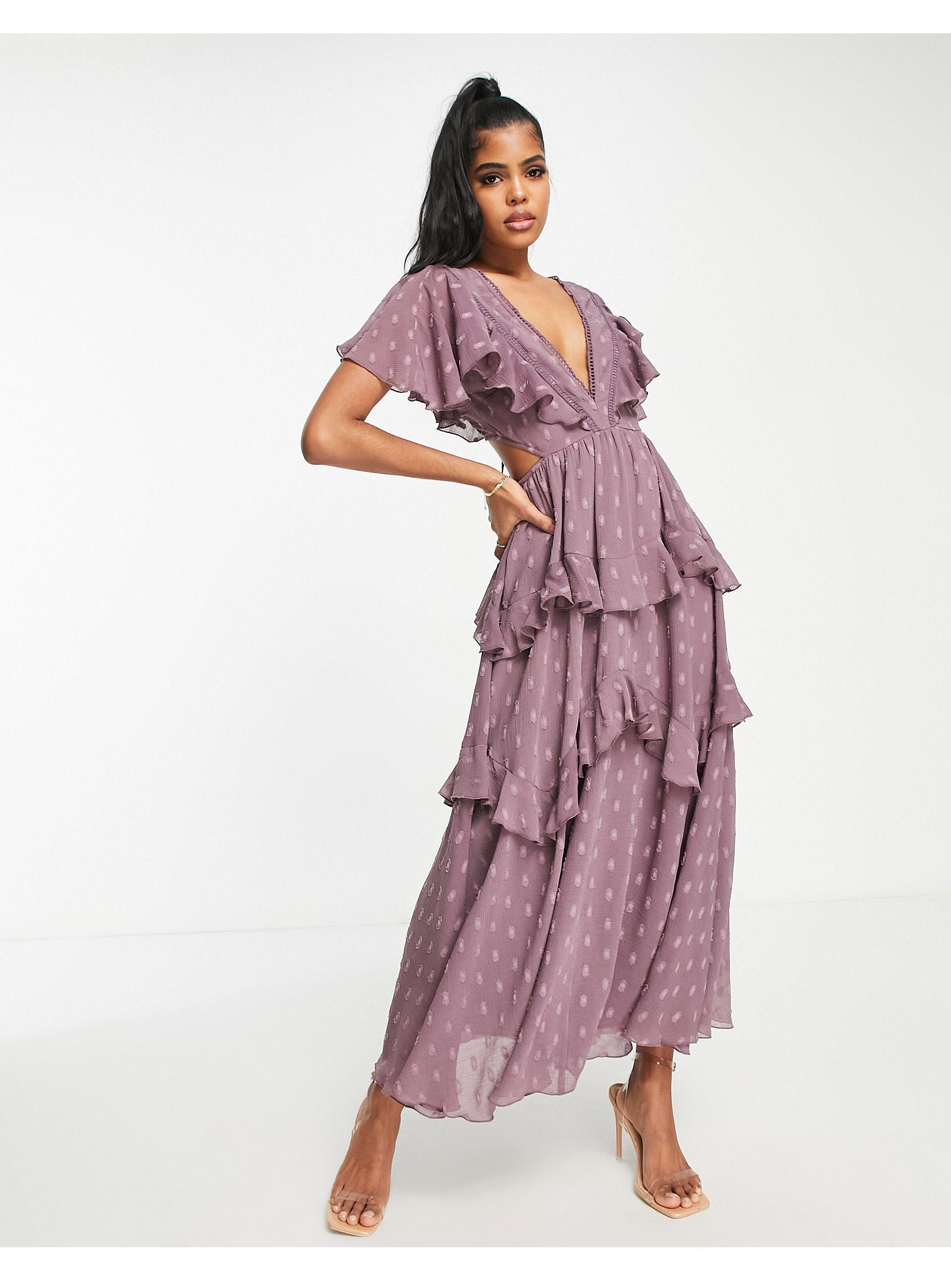 Asos Textured Tiered Midi Dress With Lace Insert And Open Back In