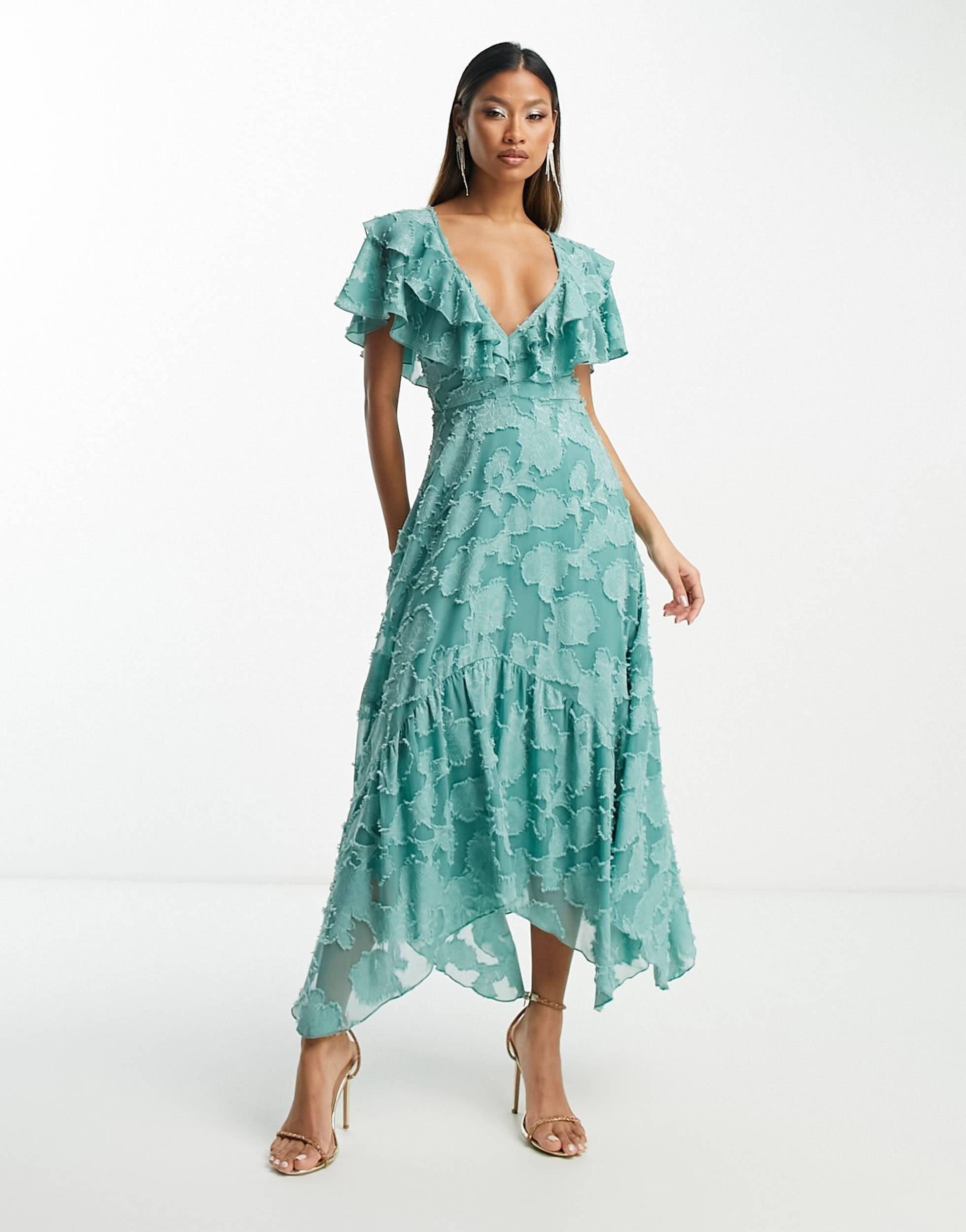 ASOS V-front V-back Ruffle Midi Dress With Flutter Sleeves And Tie Back ...