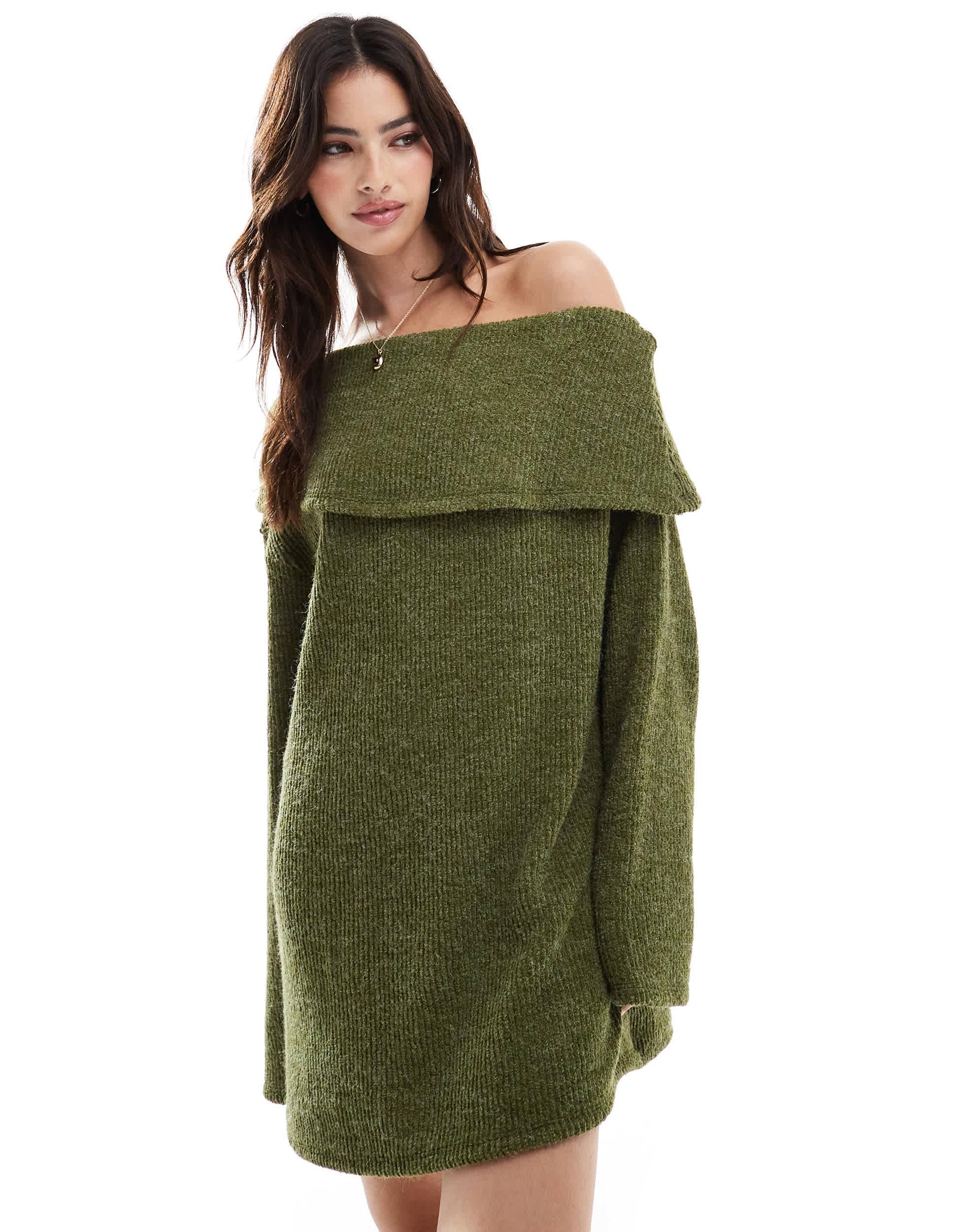 ASOS Fluffy Knit Fallen Shoulder Mini Dress in Green | Lyst
