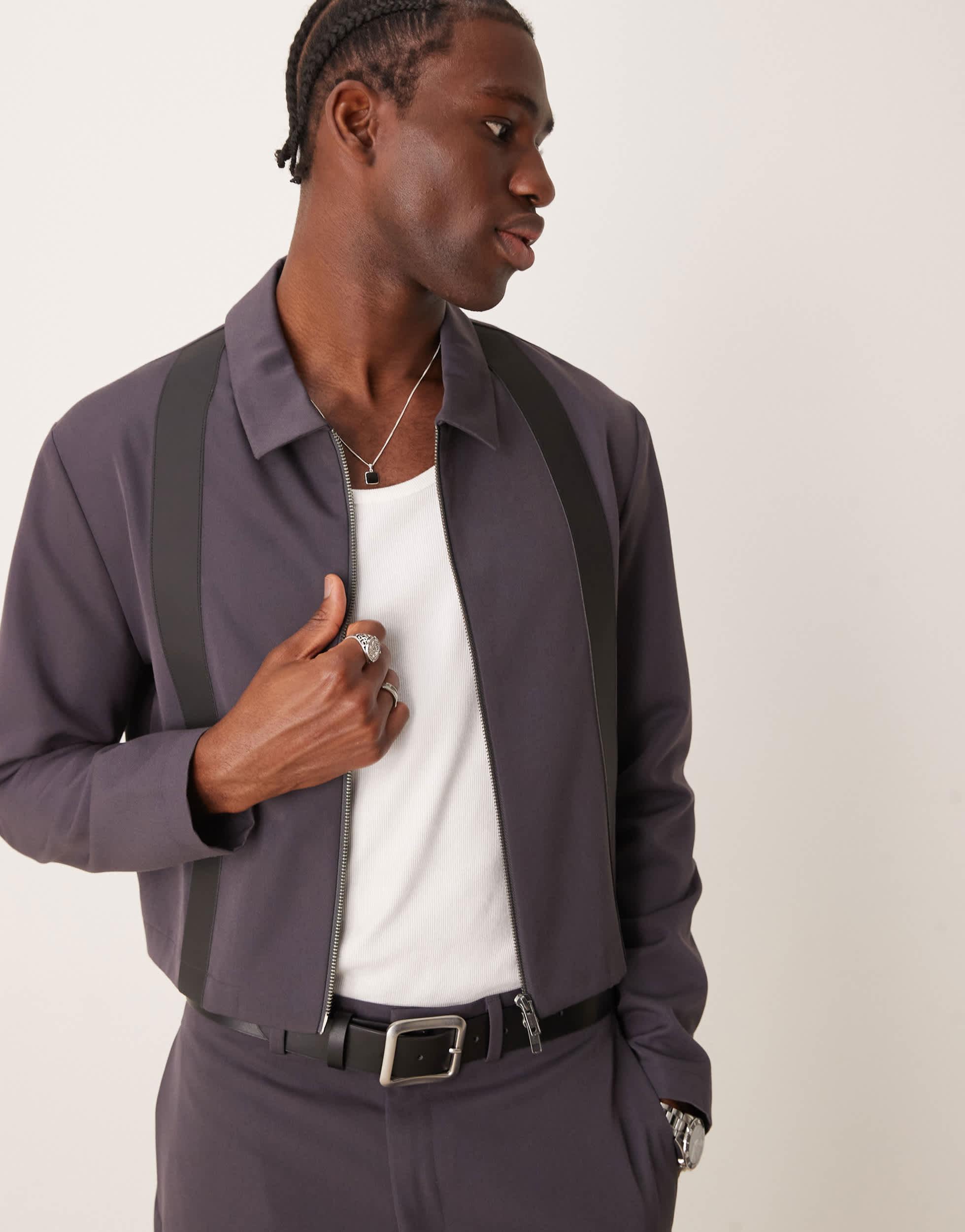 ASOS Cropped Slim Smart Co-ord Harrington Jacket With Pu Trim in Gray for Men | Lyst