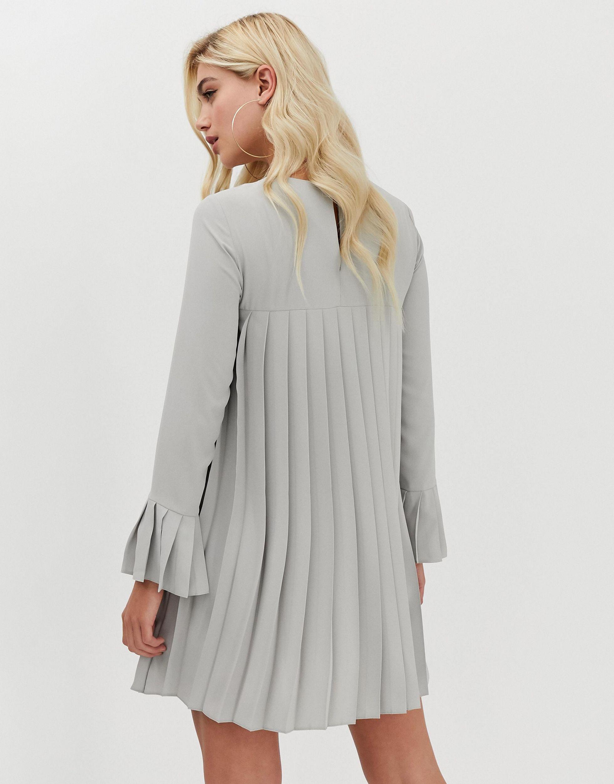 ASOS Denim Pleated Trapeze Mini Dress With Long Sleeves in Grey (Gray ...