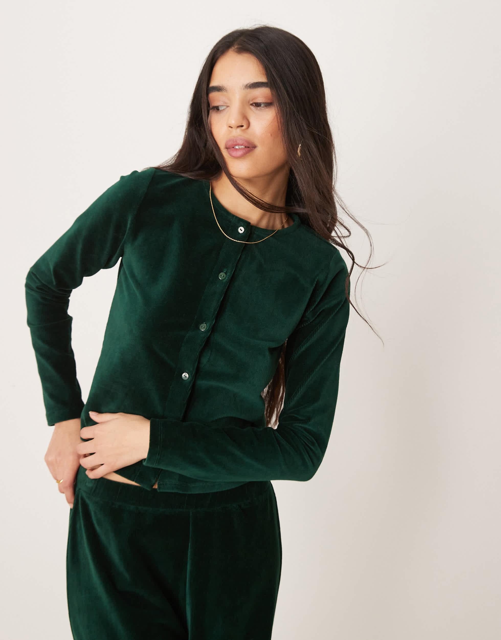 ASOS Velvet Cord Shrunken Cardigan in Green | Lyst