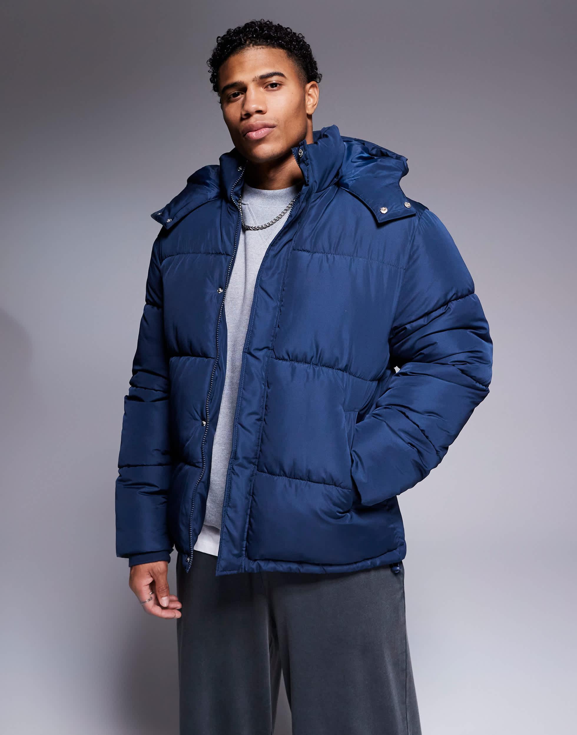 ASOS Puffer Jacket With Detachable Hood in Blue for Men | Lyst