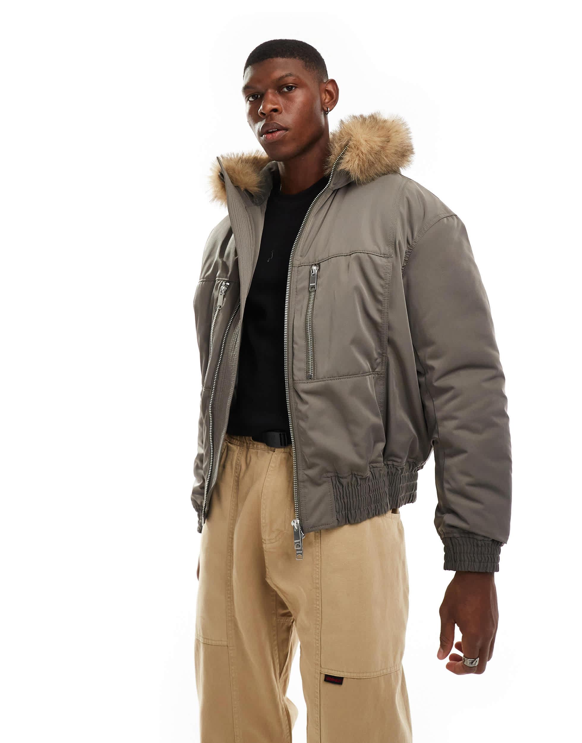 Weekday Padded Bomber Jacket With Faux Fur Hood in Gray for Men | Lyst