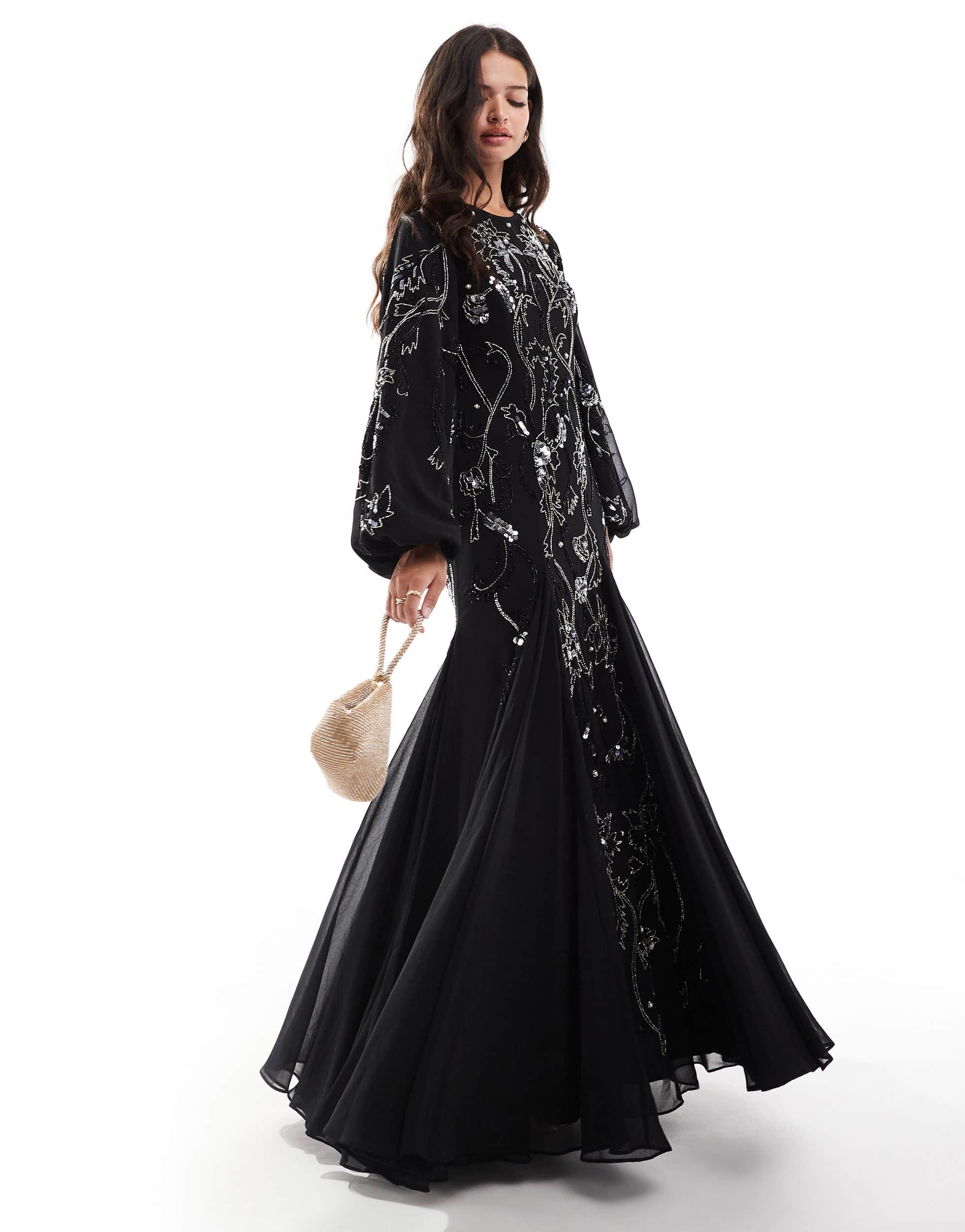 ASOS Embellished Maxi Dress With Godet Skirt And Balloon Sleeve in ...