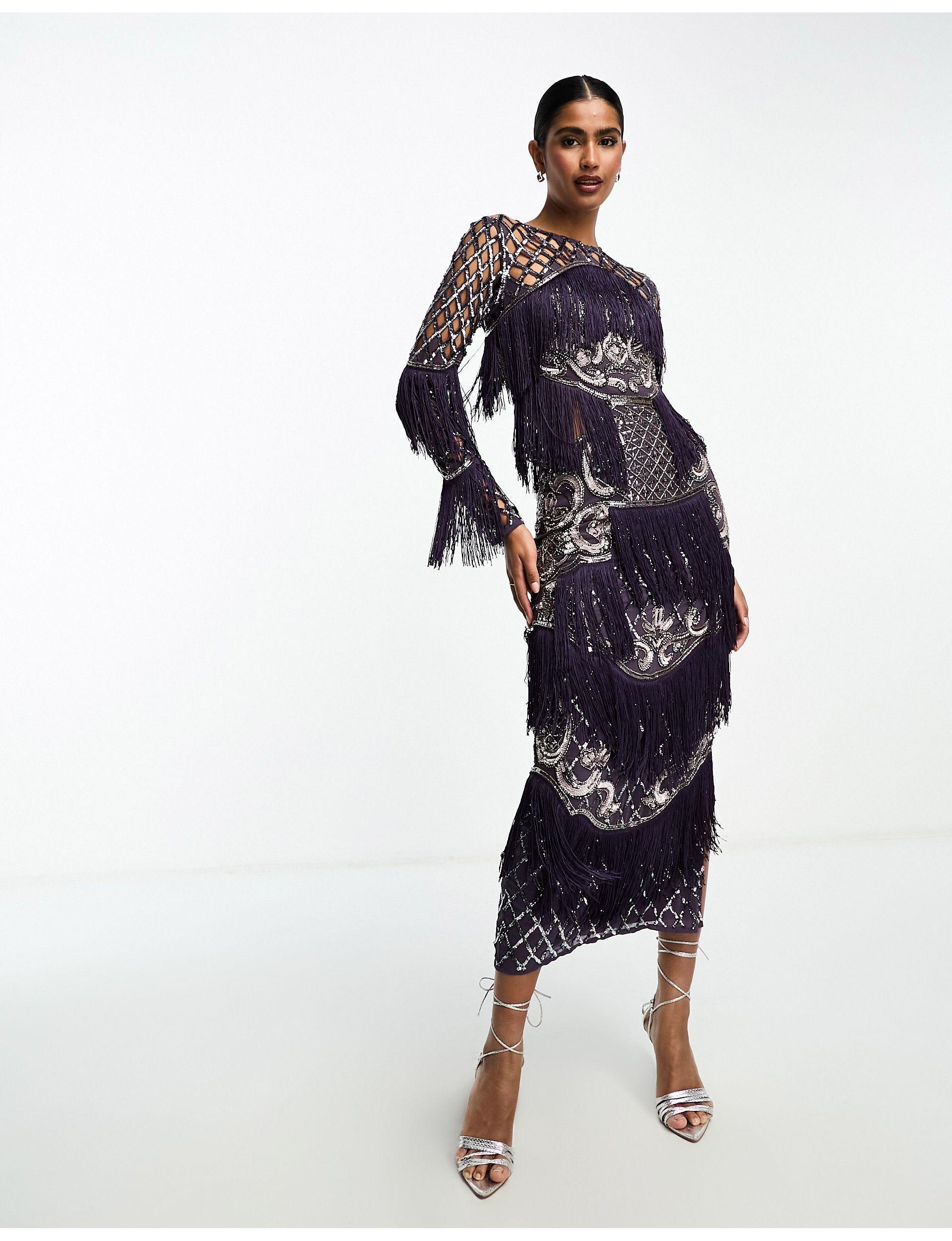 ASOS Embellished Lattice Detail Midi Dress With Fringing in Blue | Lyst UK