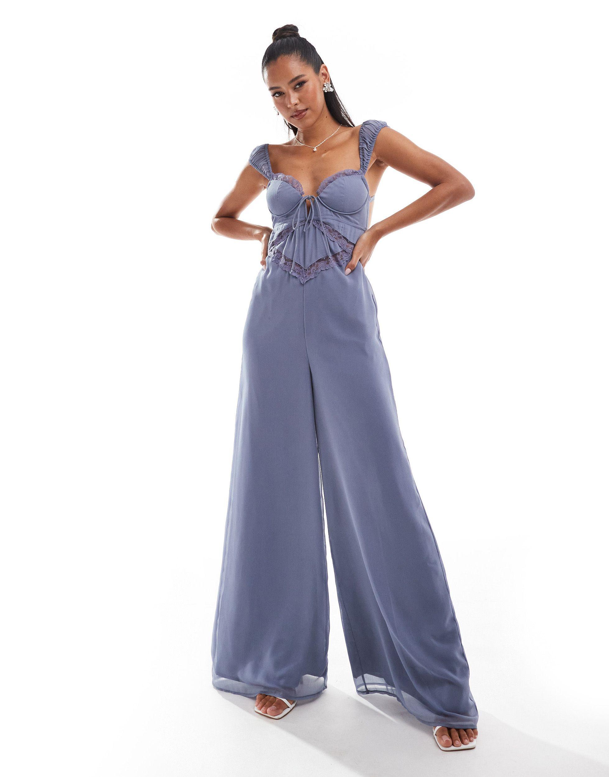 ASOS Lace Insert Corset Detail Wide Leg Jumpsuit in Blue | Lyst