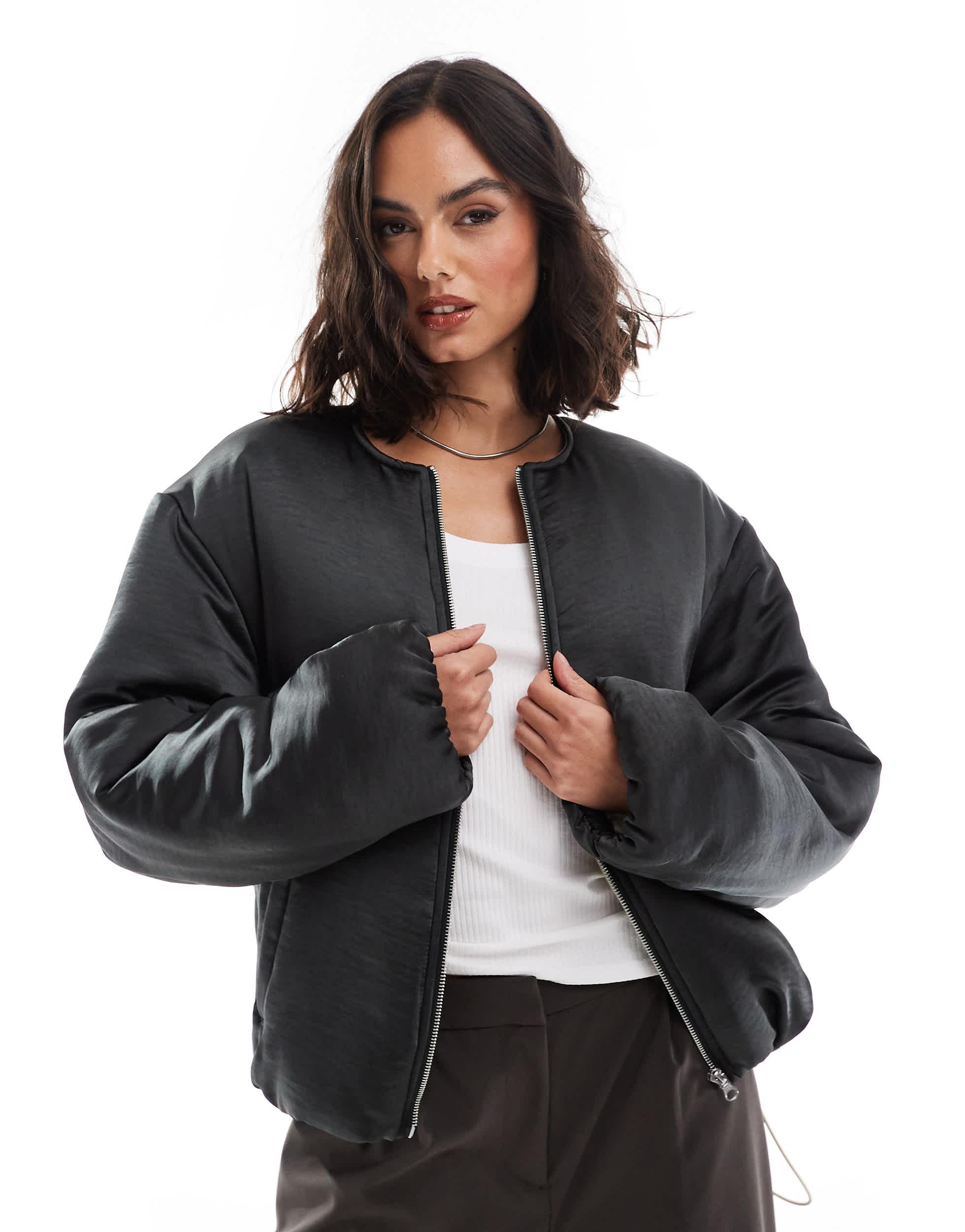 ASOS Satin Puffer Collarless Bomber Jacket in Black | Lyst