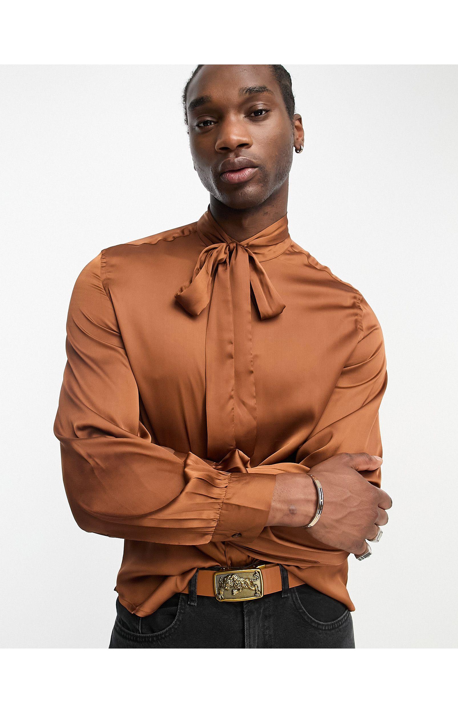 ASOS Satin Shirt With Blouson Sleeve And Pussybow Tie Neck in Brown for ...