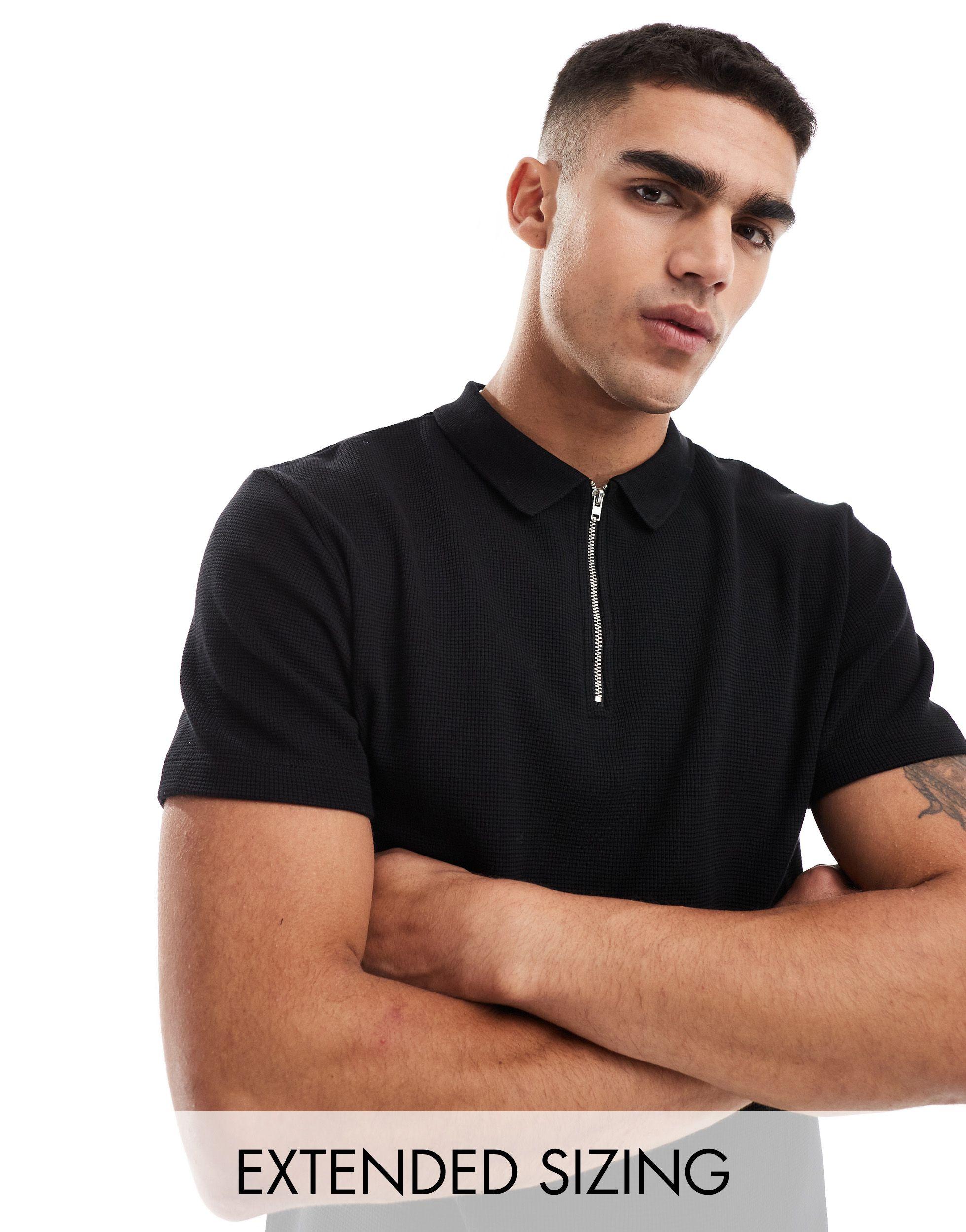 ASOS Waffle Zip Neck Polo Shirt in Black for Men | Lyst UK