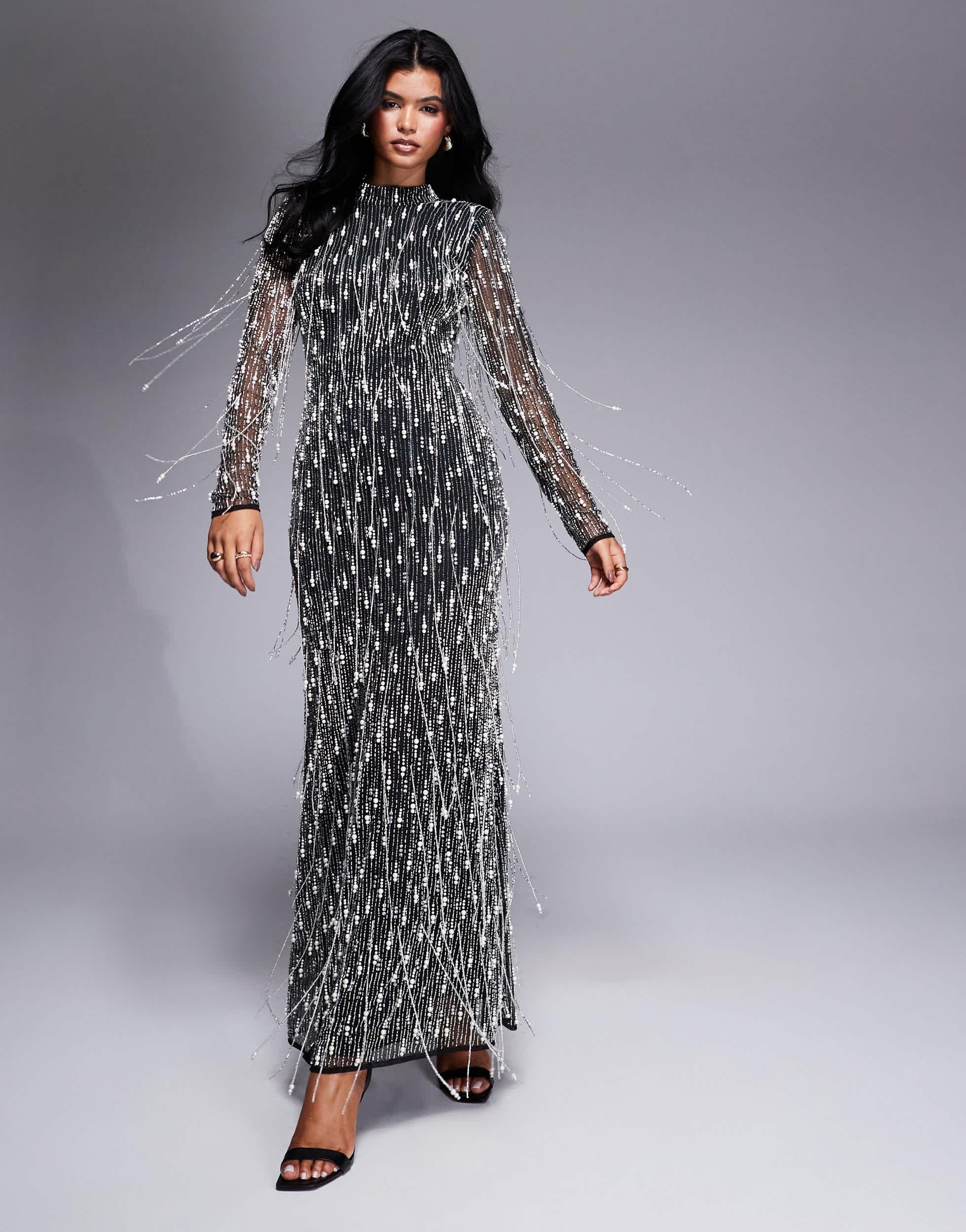 ASOS Drop Pearl Embellished Maxi Dress in Gray | Lyst