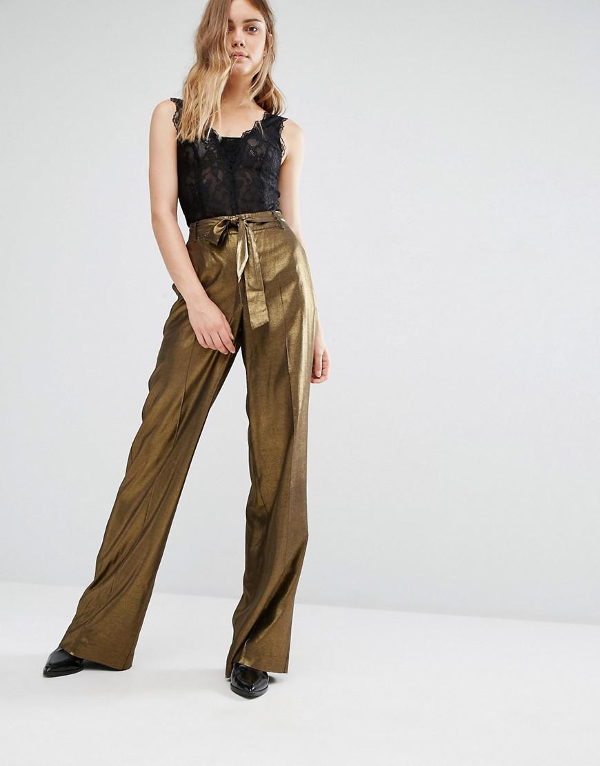 Gestuz Synthetic Gold Lame Wide Leg Pants in Metallic - Lyst