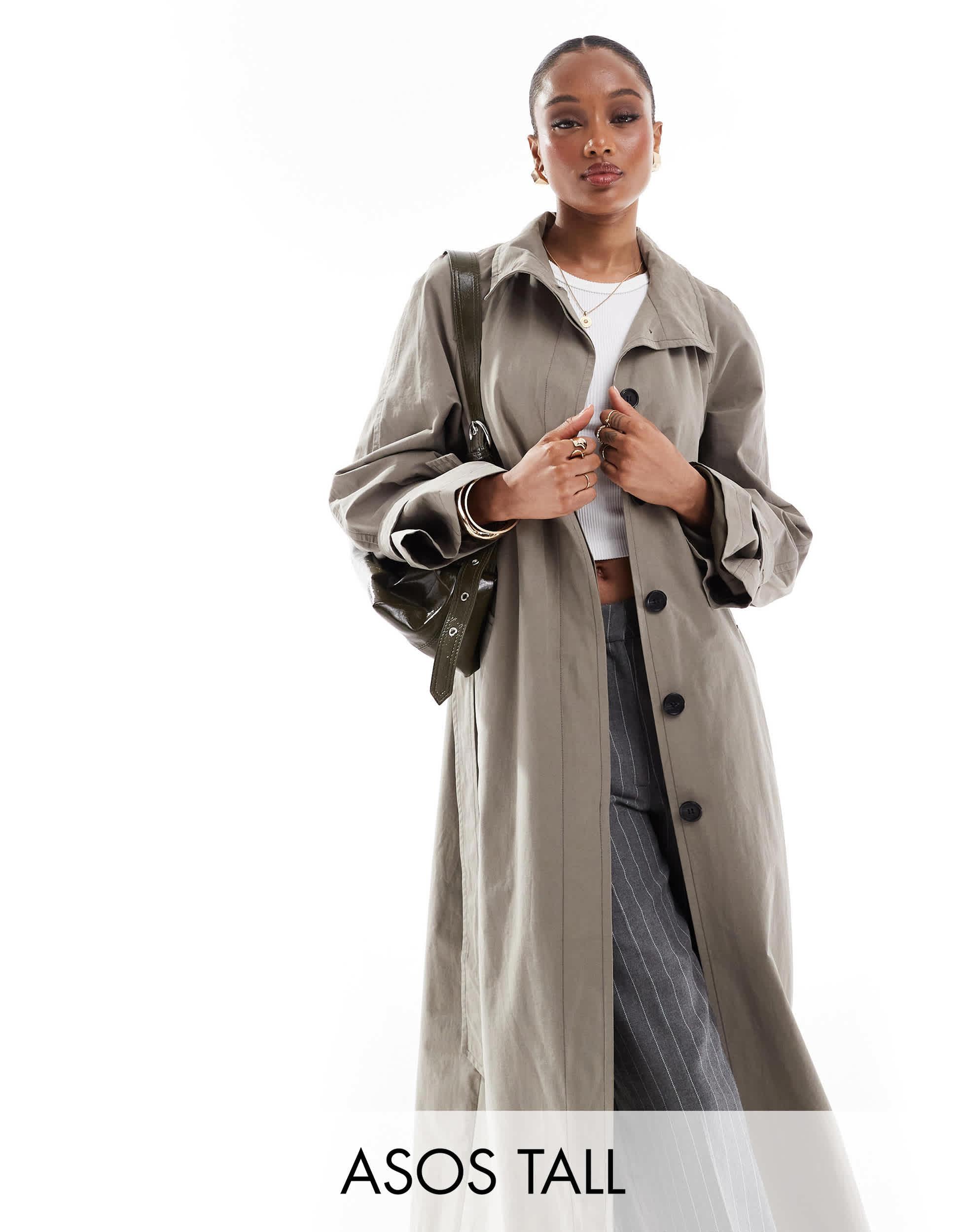 ASOS Asos Design Tall Funnel Neck Oversized Longline Trench Coat in Brown | Lyst