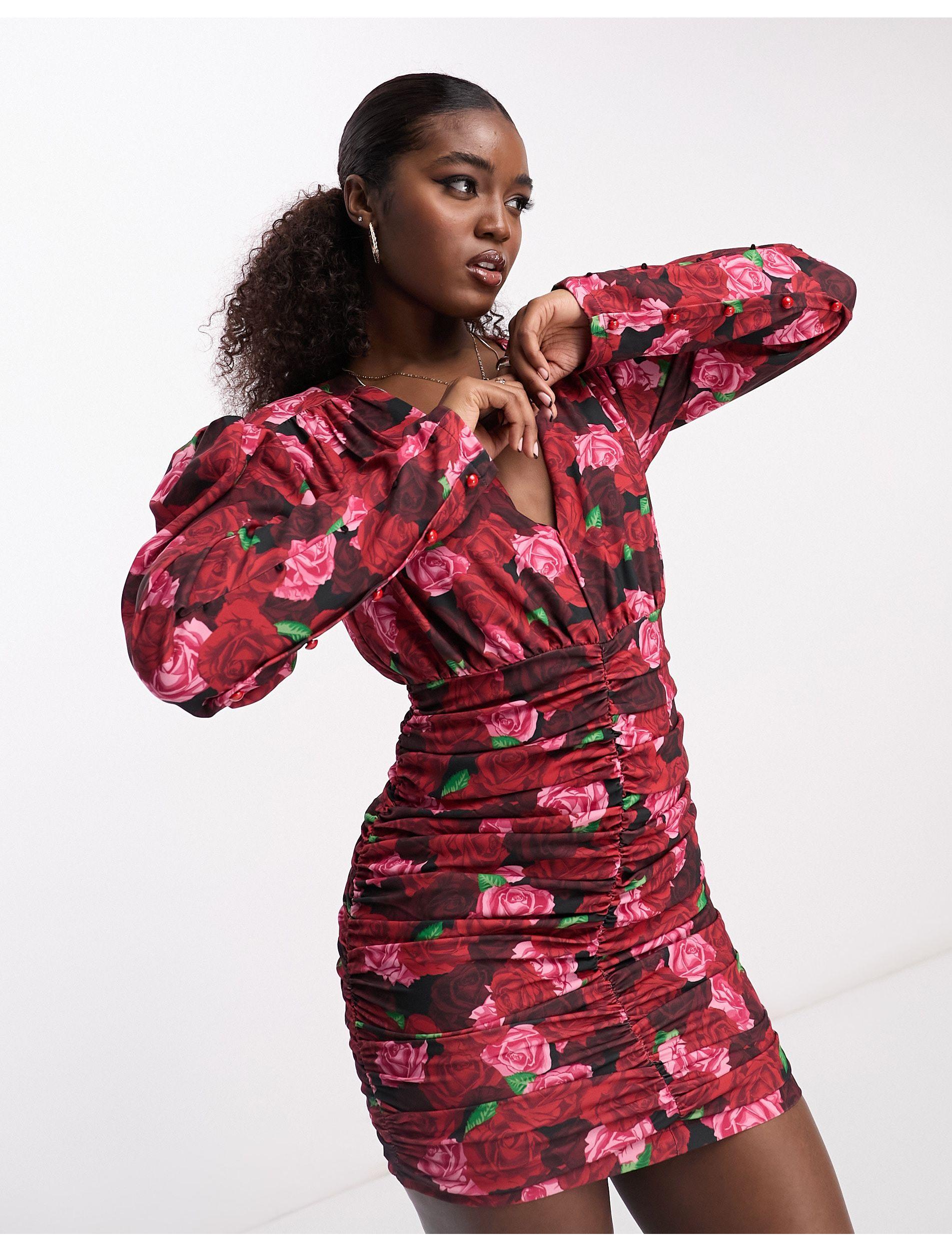 Urban Revivo Ruched Puff Sleeve Mini Dress In Red Lyst
