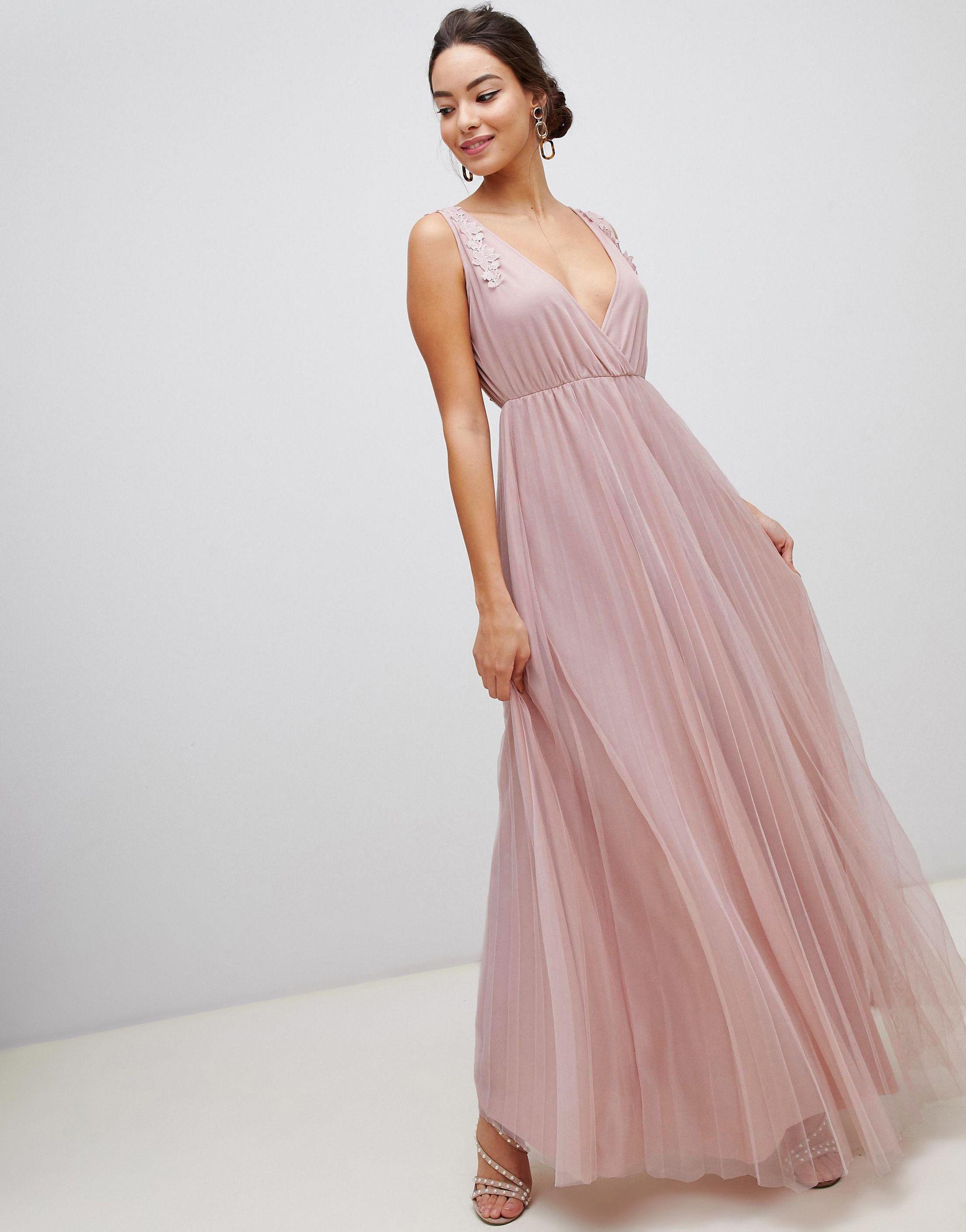 Asos Pleated Tulle Maxi Dress With Applique Lace Trim In Pink Lyst