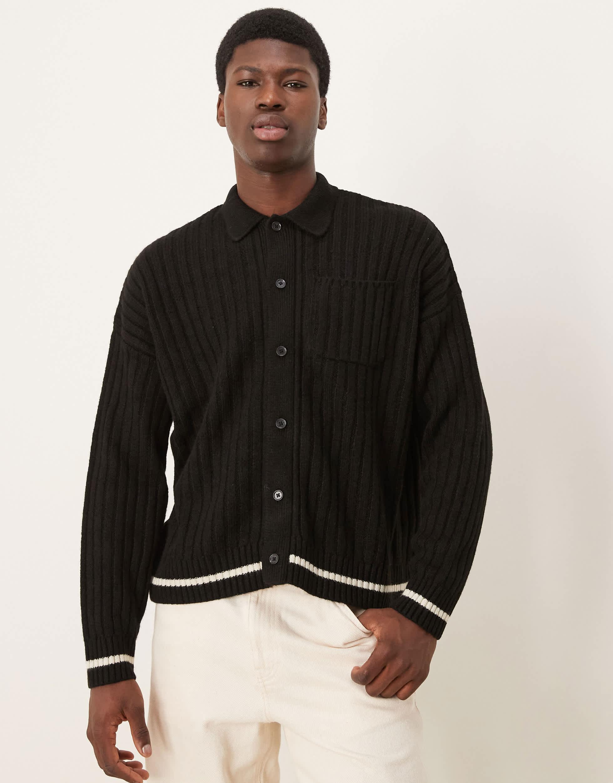 ASOS Oversized Boxy Fit Knitted Collar Cardigan in Black for Men | Lyst