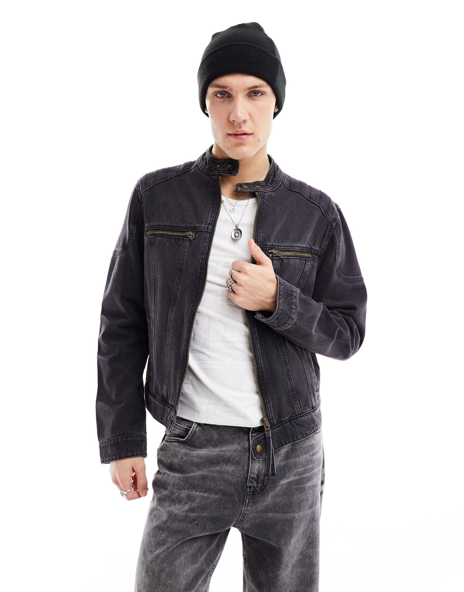 ASOS Denim Collarless Jacket With Panels in Blue for Men | Lyst