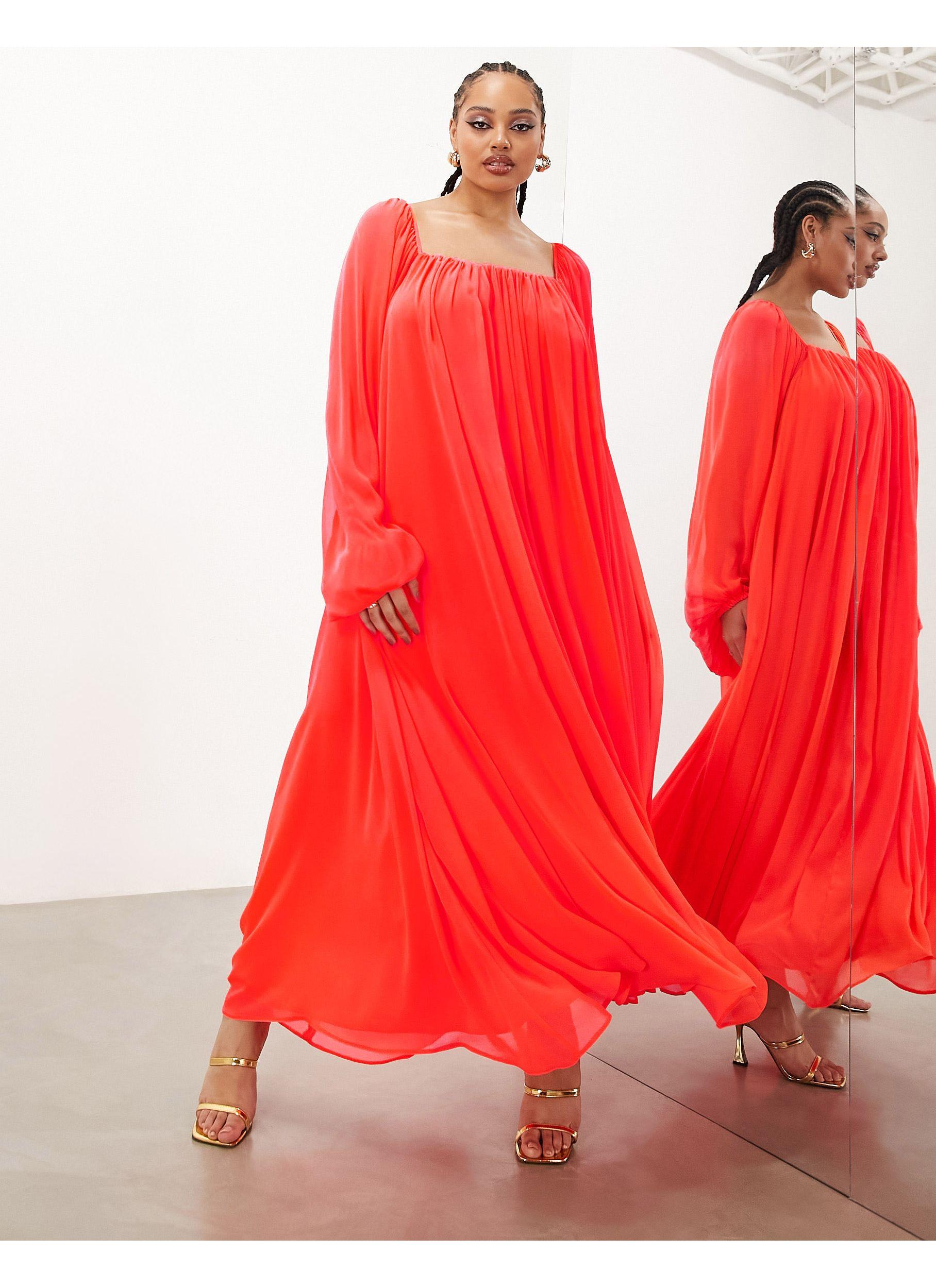 Asos Curve Maxi Jurk Van Chiffon Met Vierkante Hals In Het Rood Lyst Nl
