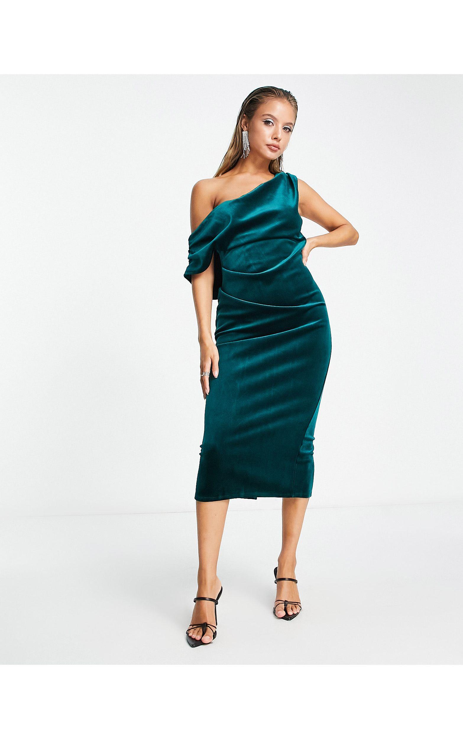 Asos Fallen Shoulder Pleat Structured Velvet Midi Dress In Blue Lyst