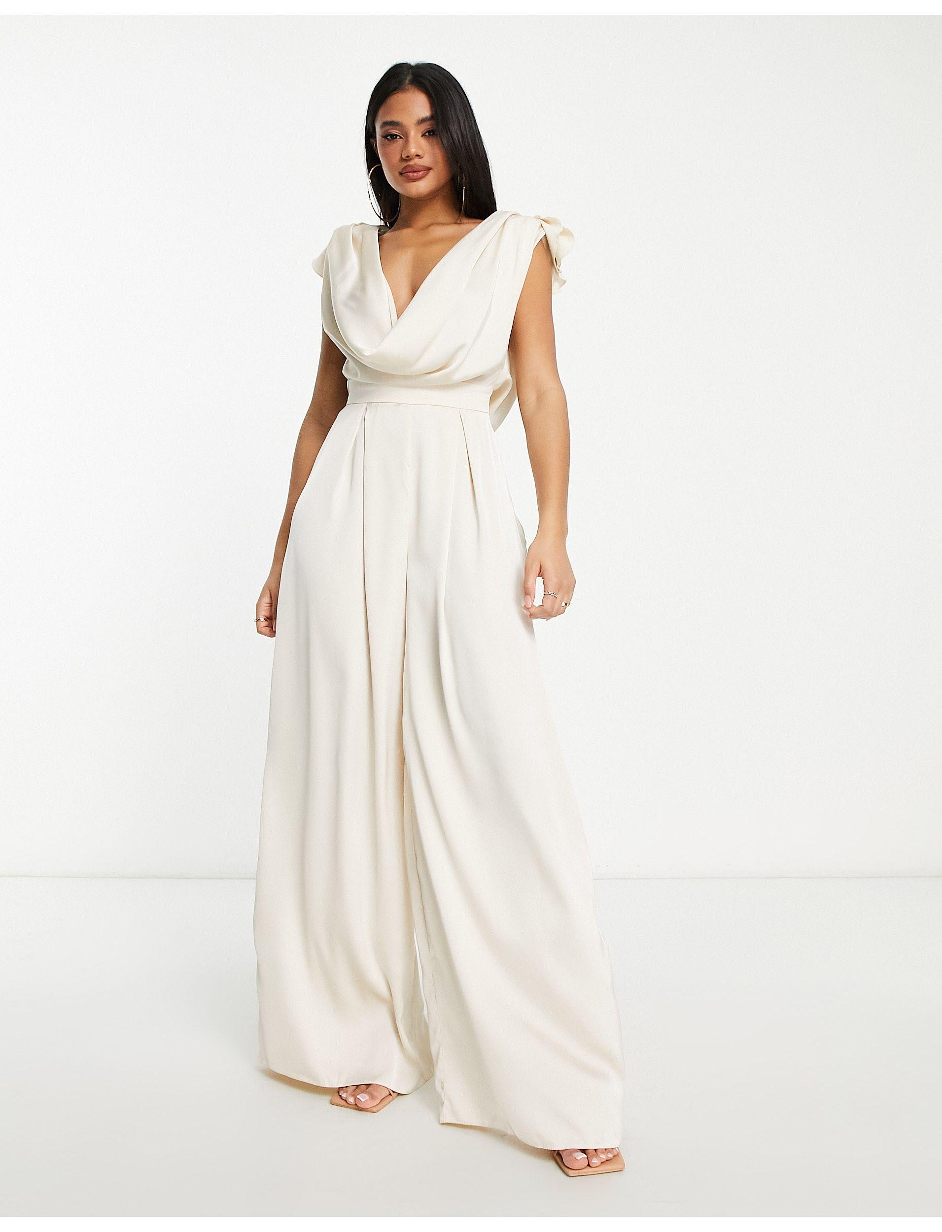 ASOS Satin Corsage Plunge Neck Wide Leg Jumpsuit in White | Lyst UK