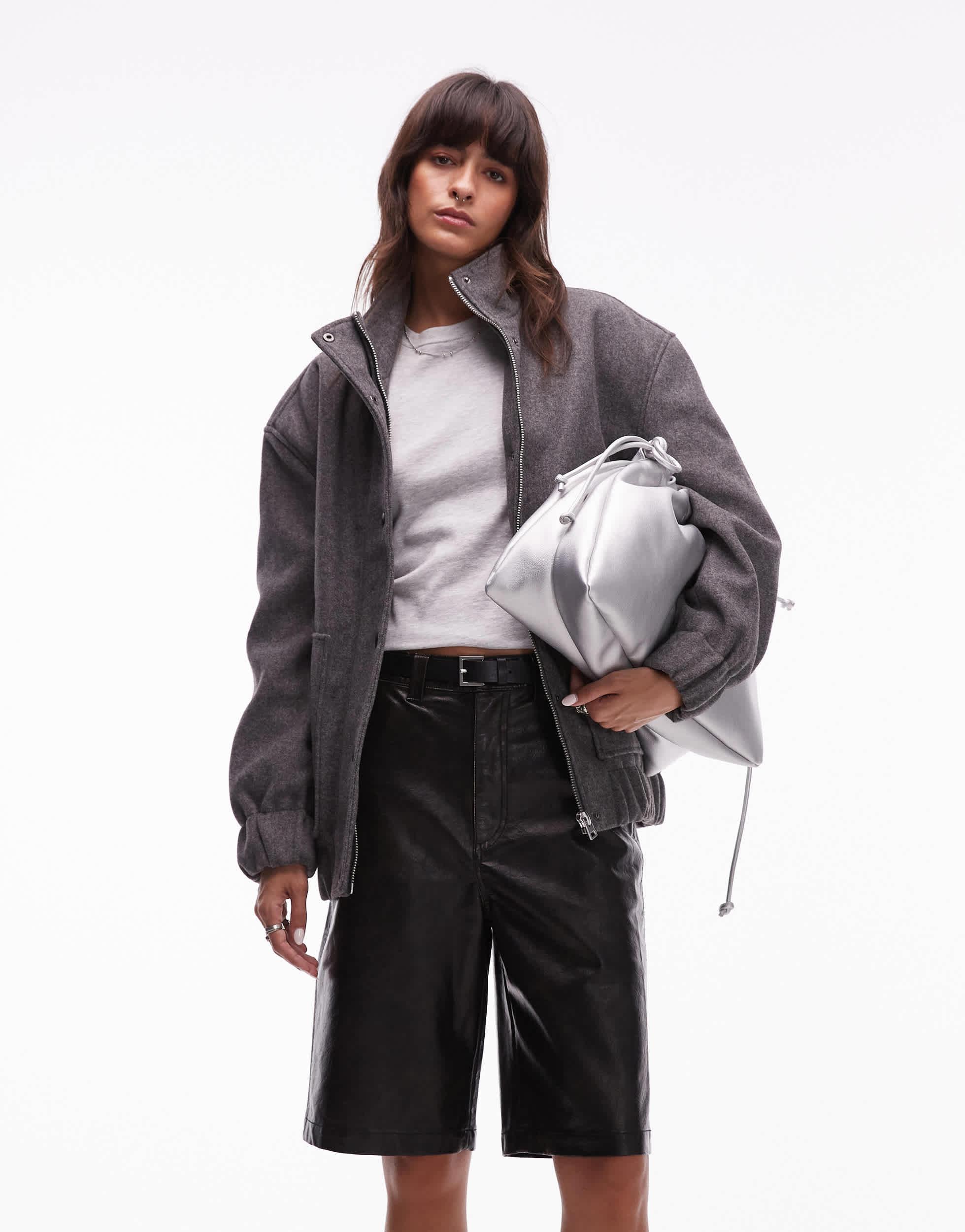 TOPSHOP Wool Look Bomber Jacket in Gray | Lyst