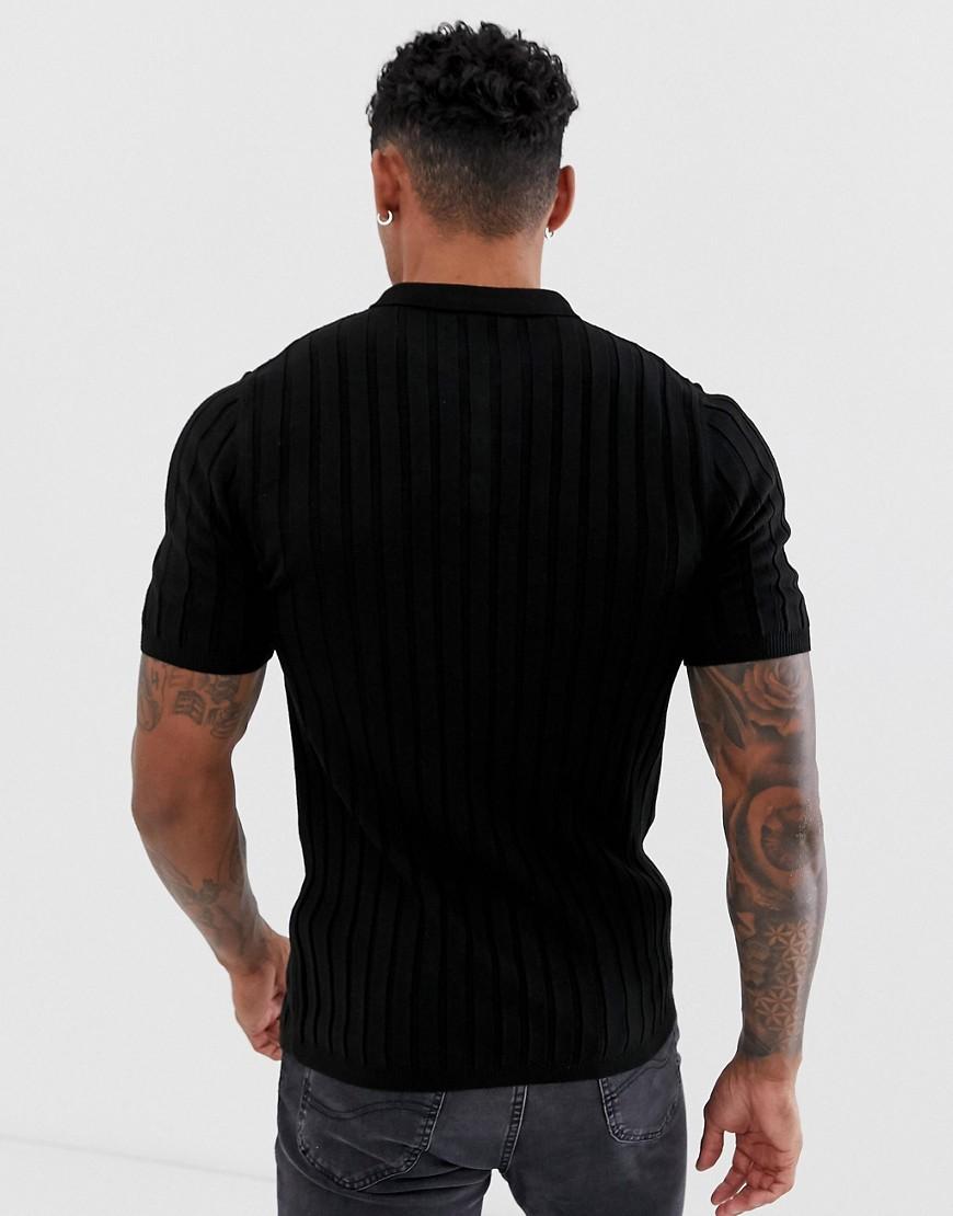 ASOS Knitted Ribbed Polo Shirt In Black in Black for Men - Lyst