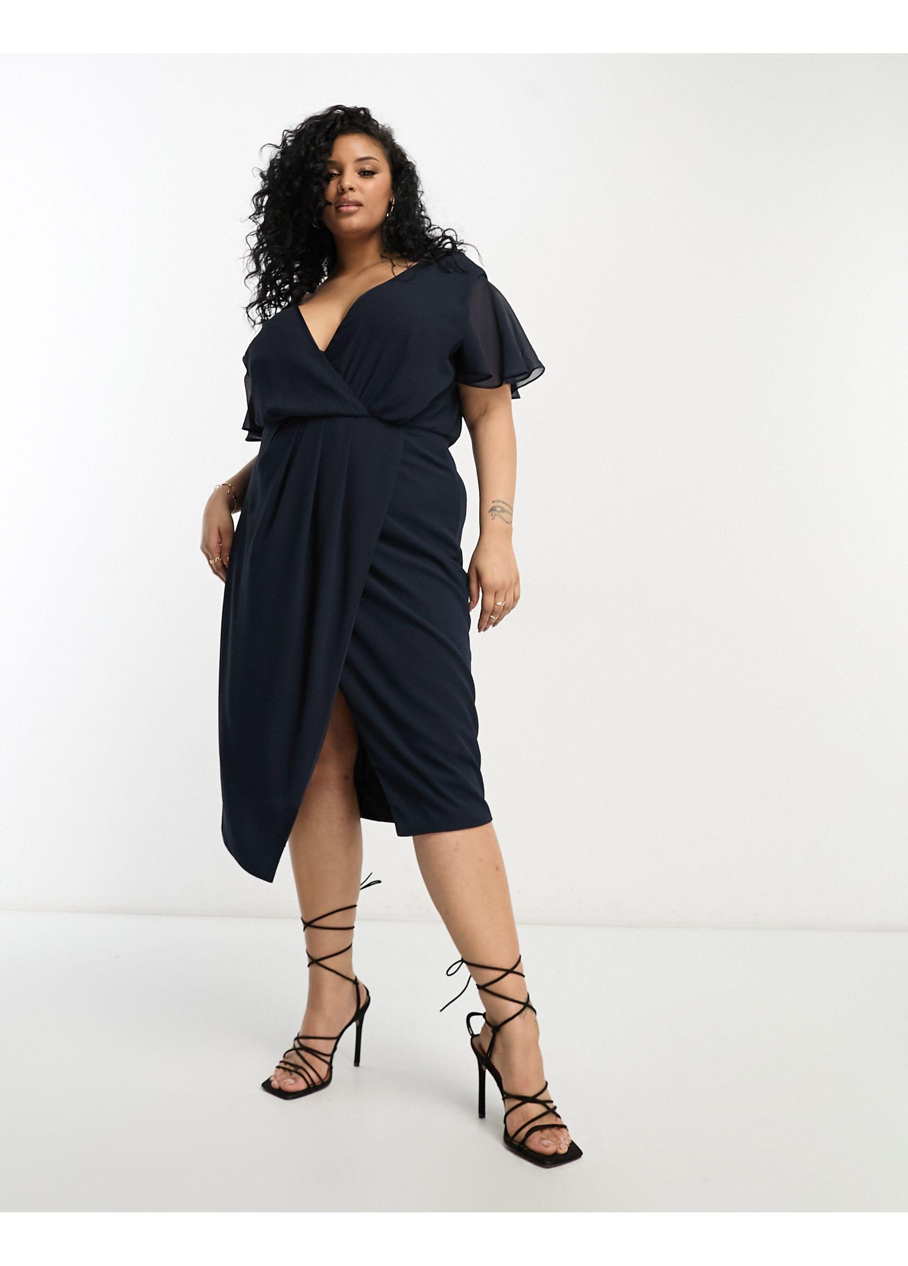 Tfnc Plus Bridesmaid Chiffon Wrap Front Midi Dress With Flutter Sleeve