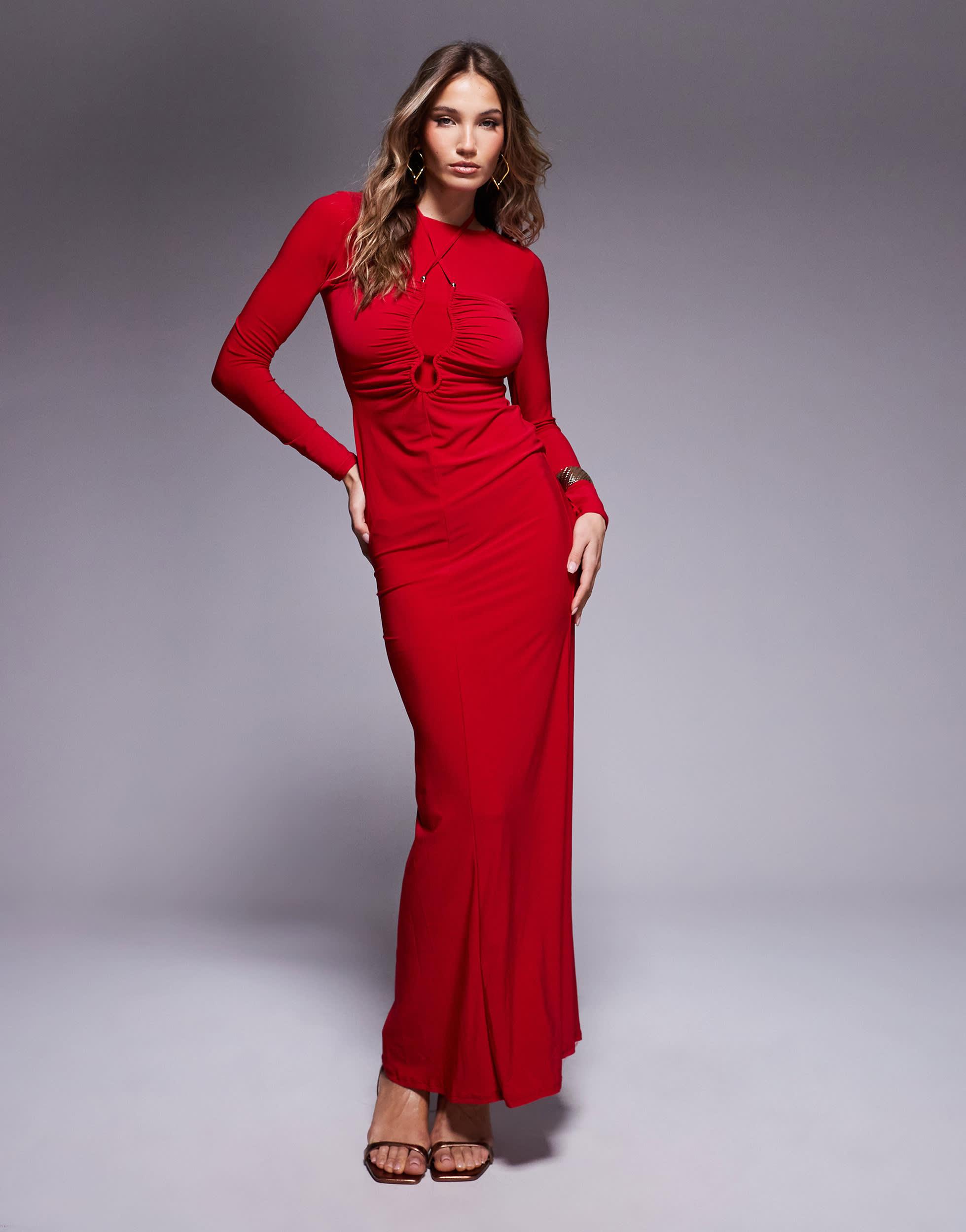 ASOS Slinky Long Sleeve Maxi Dress With Ruched Gold Trim Detail in Red ...