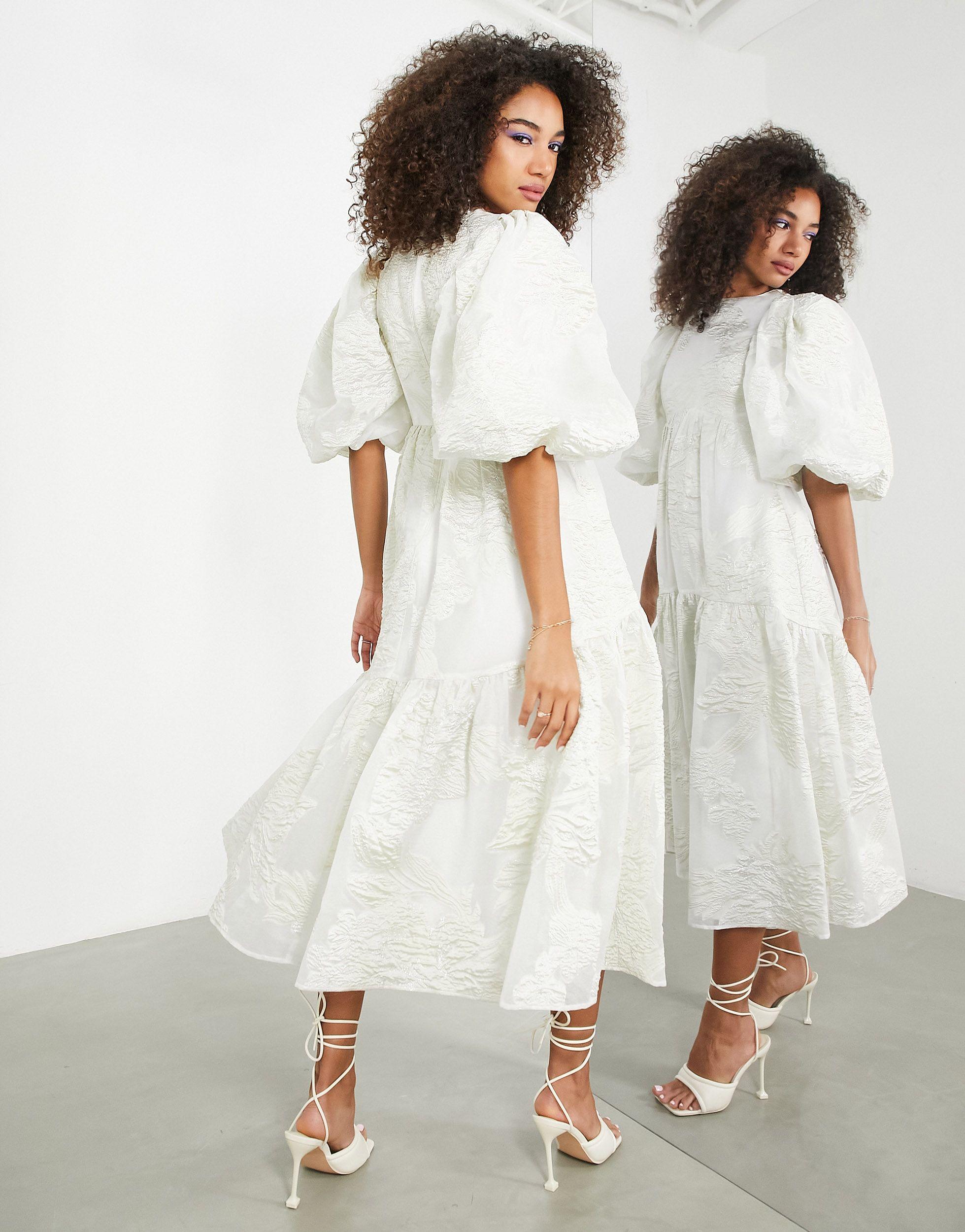 Asos Tiered Metallic Floral Jacquard Midi Dress In White Lyst Uk