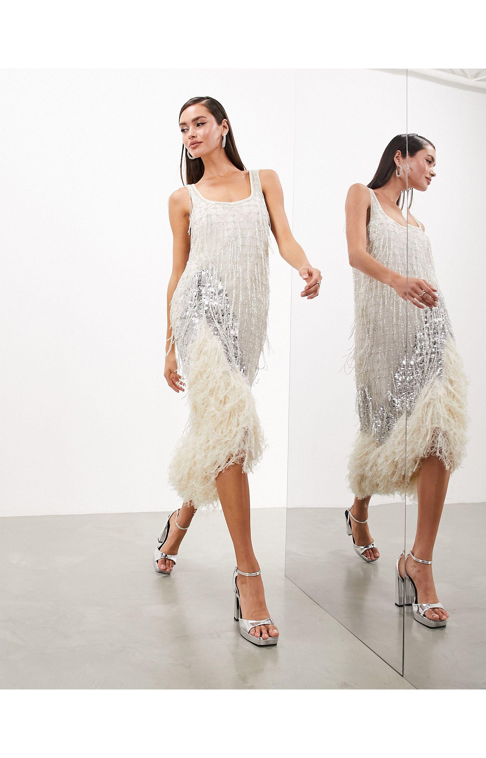 ASOS Scoop Neck Embellished Tassel Midi Dress With Faux Feather Hem in ...