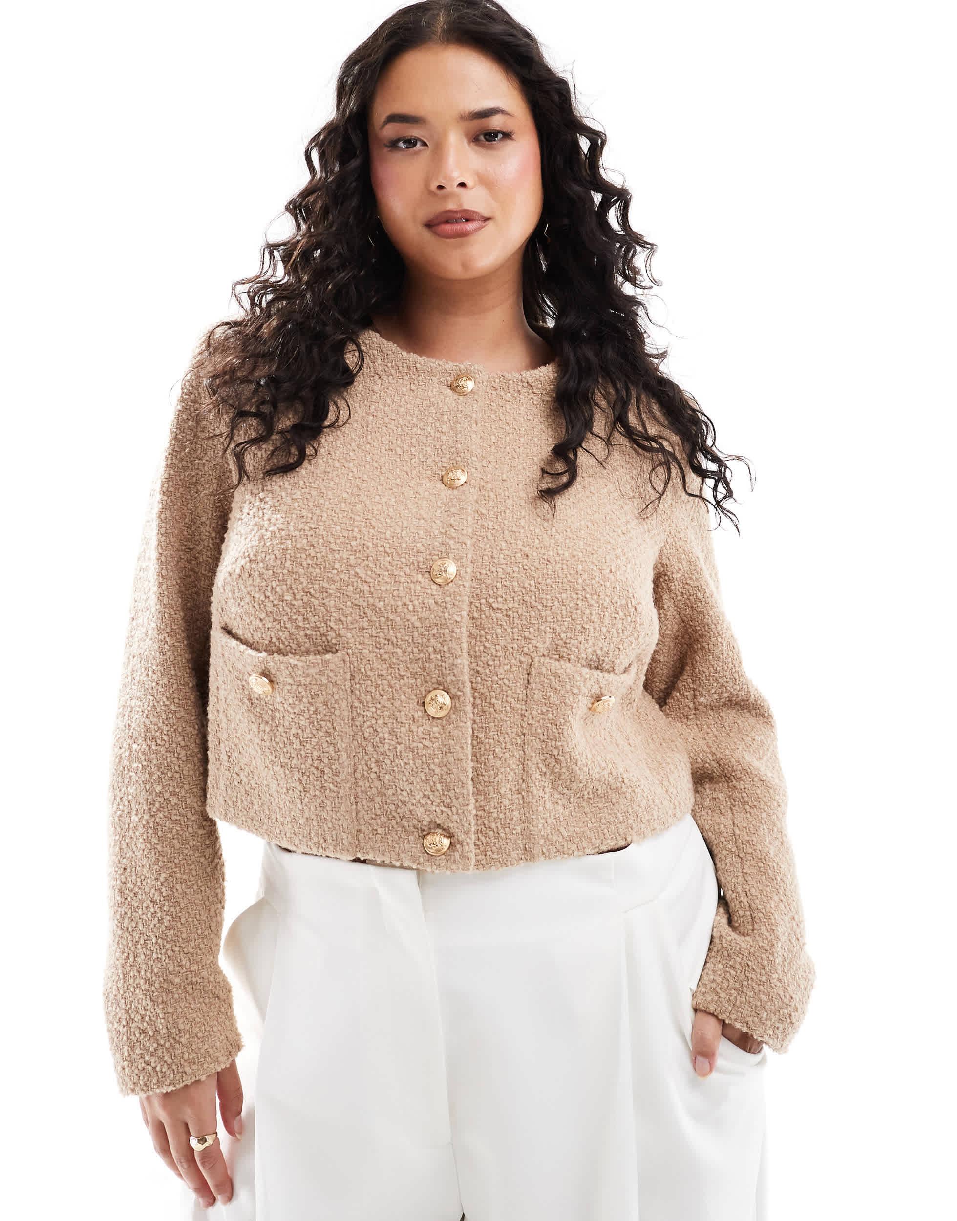 4th & Reckless Exclusive Boucle Gold Button Through Cropped Jacket in ...