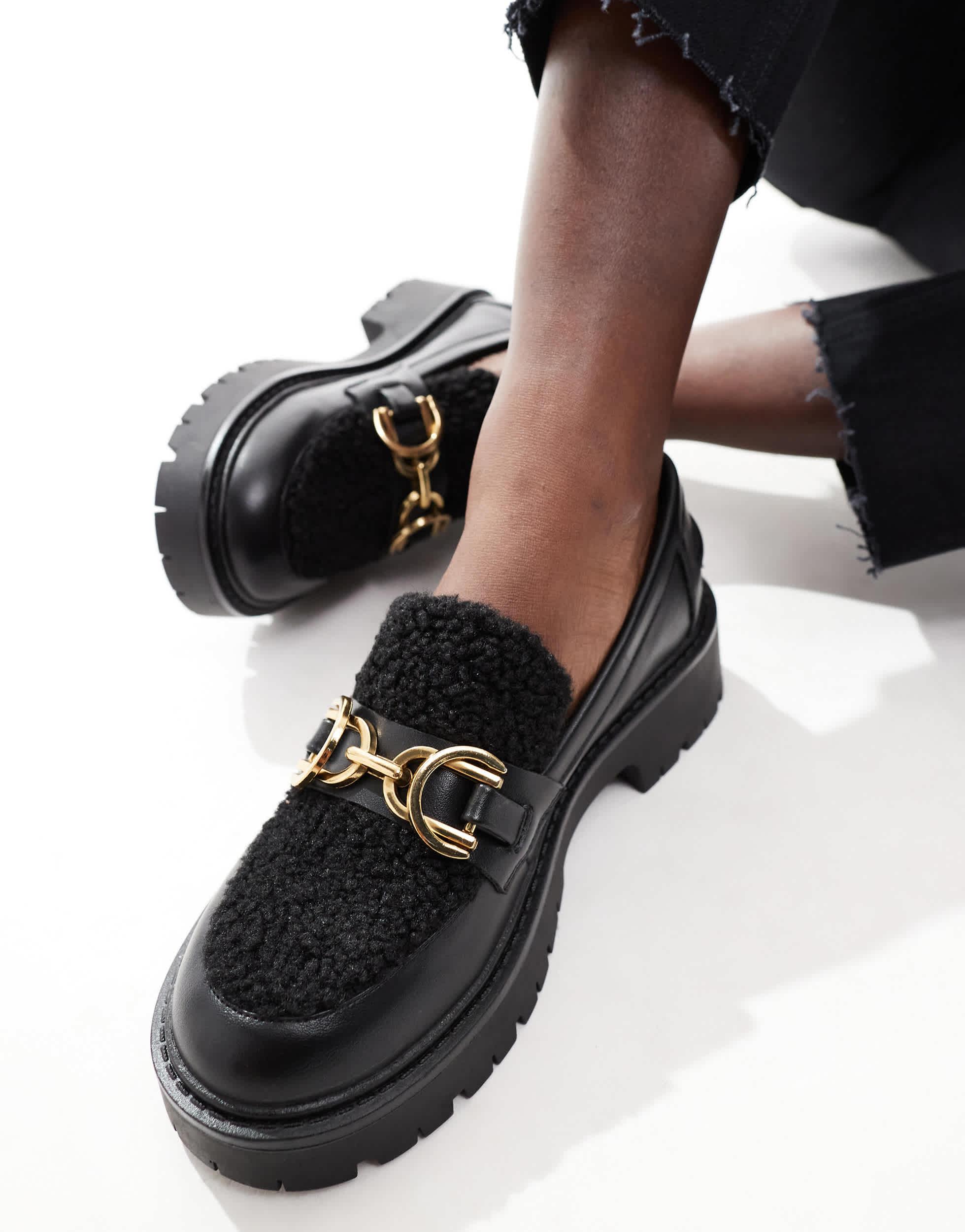London Rebel Roxy Chunky Loafers With Teddy Fur in Black | Lyst