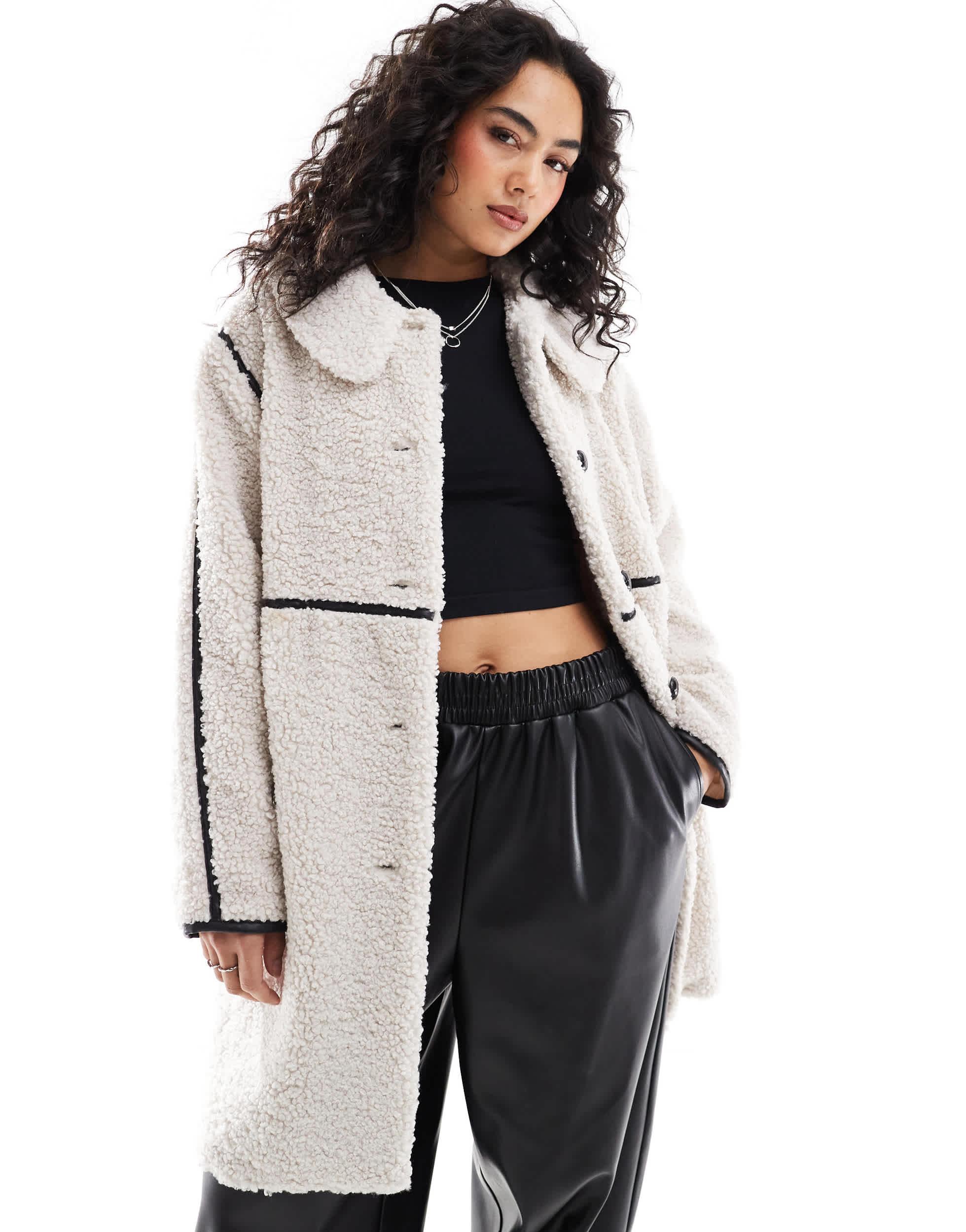 ONLY Shearling Coat With Contrast Trim in White | Lyst