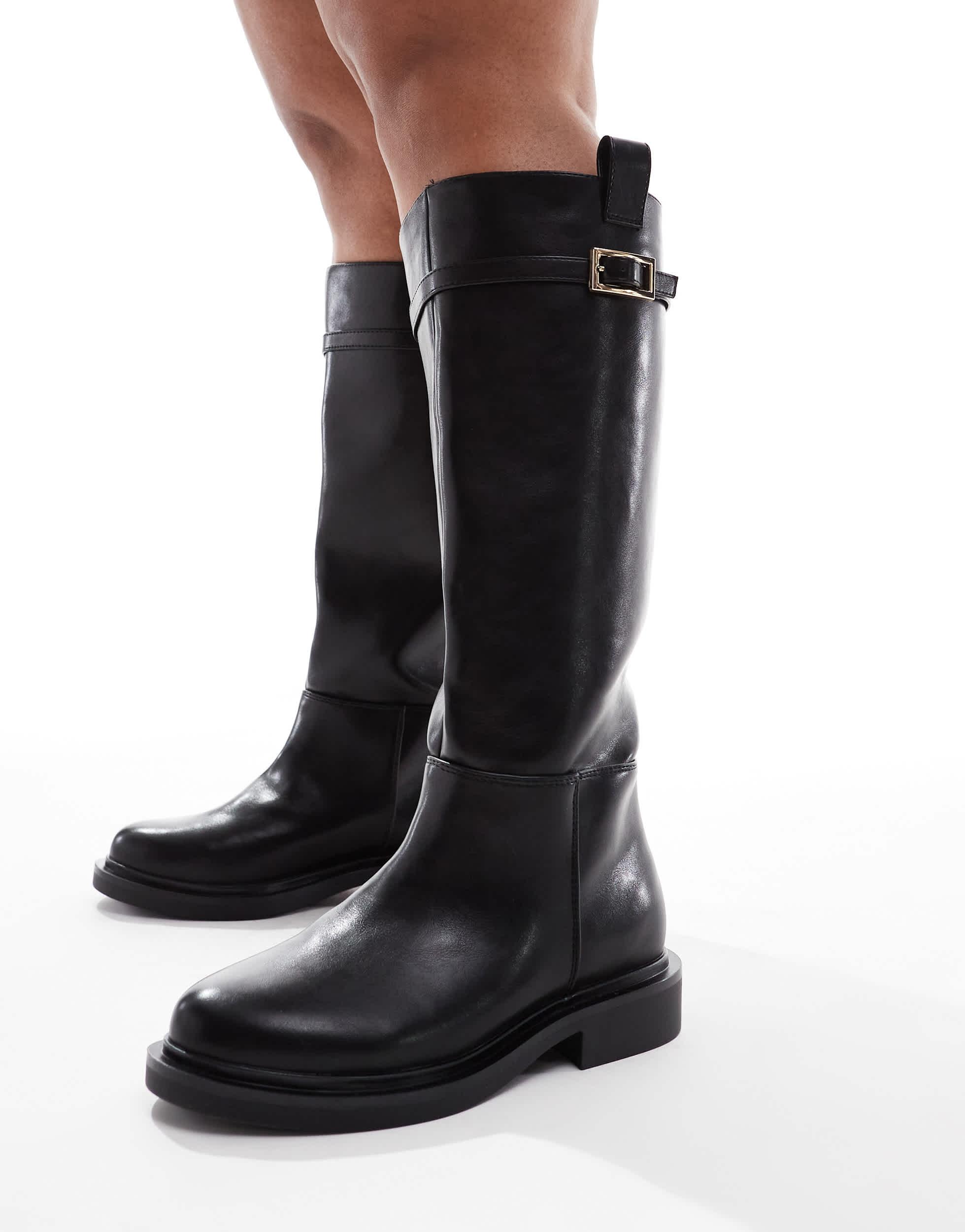 ASOS Curve Callie Smart Flat Riding Knee Boots in Black | Lyst