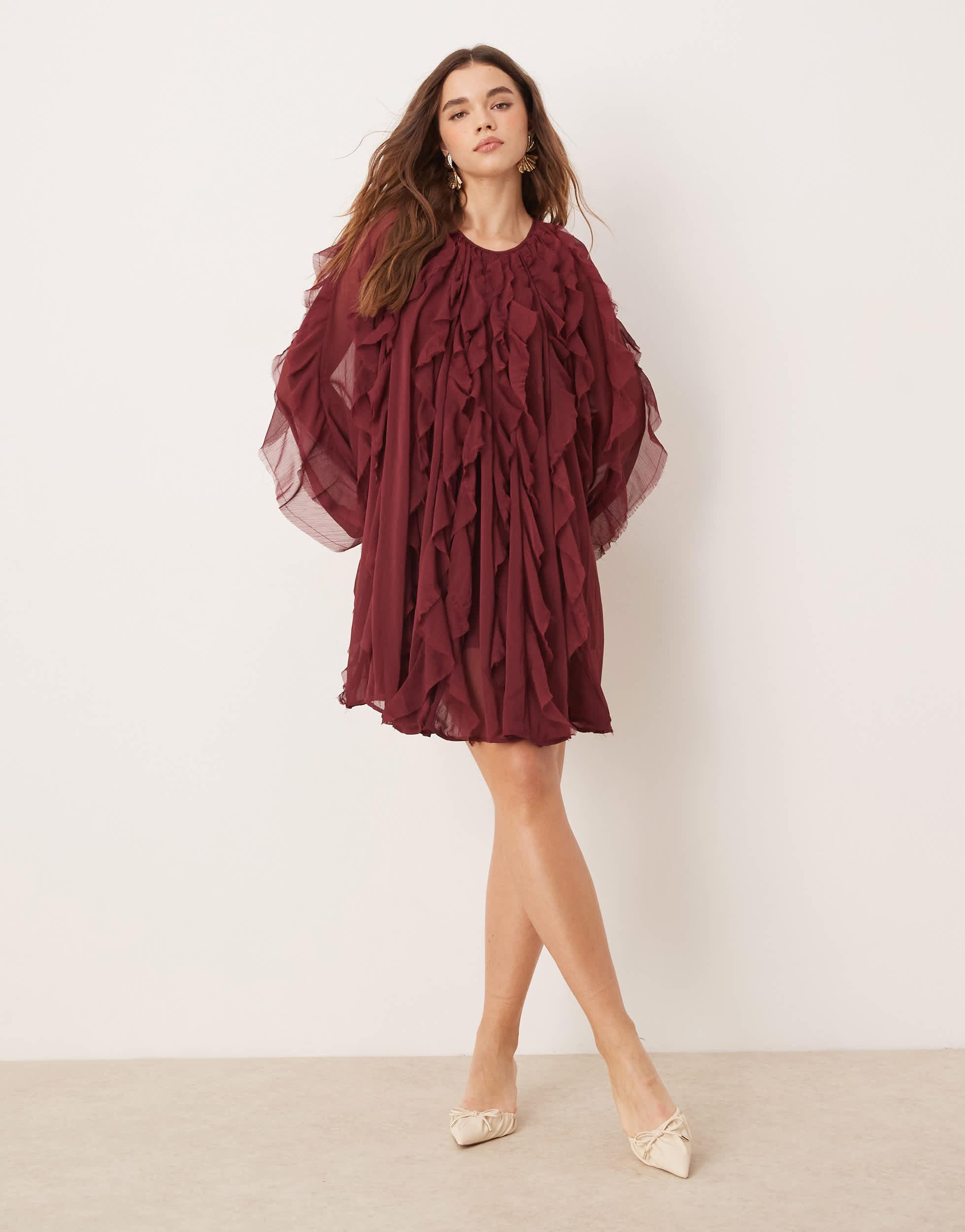 ASOS Raw Edge Ruffle Mini Dress With Balloon Sleeve in Red | Lyst