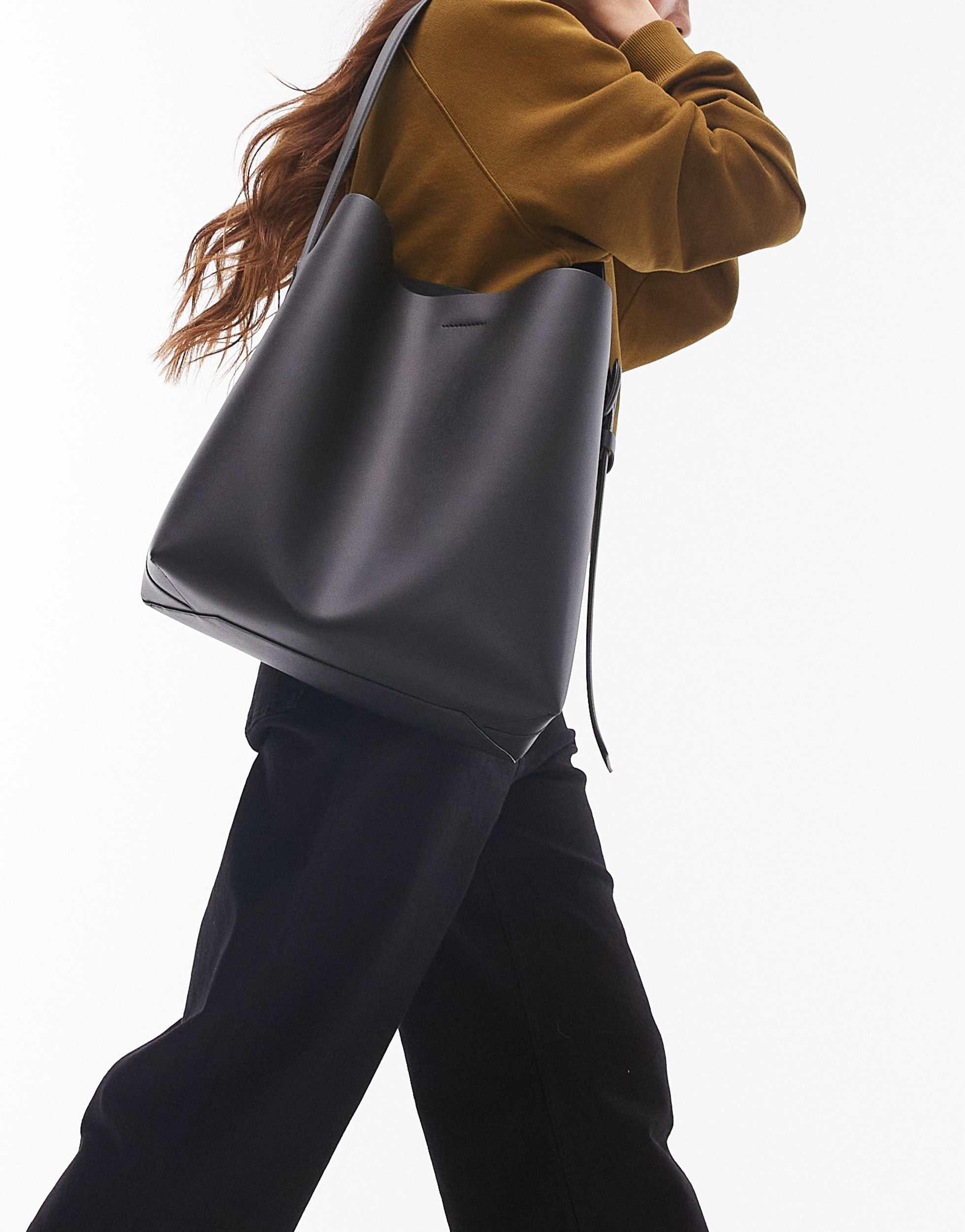 ARKET Leather Bucket Tote Bag With Side Buckle in Black | Lyst