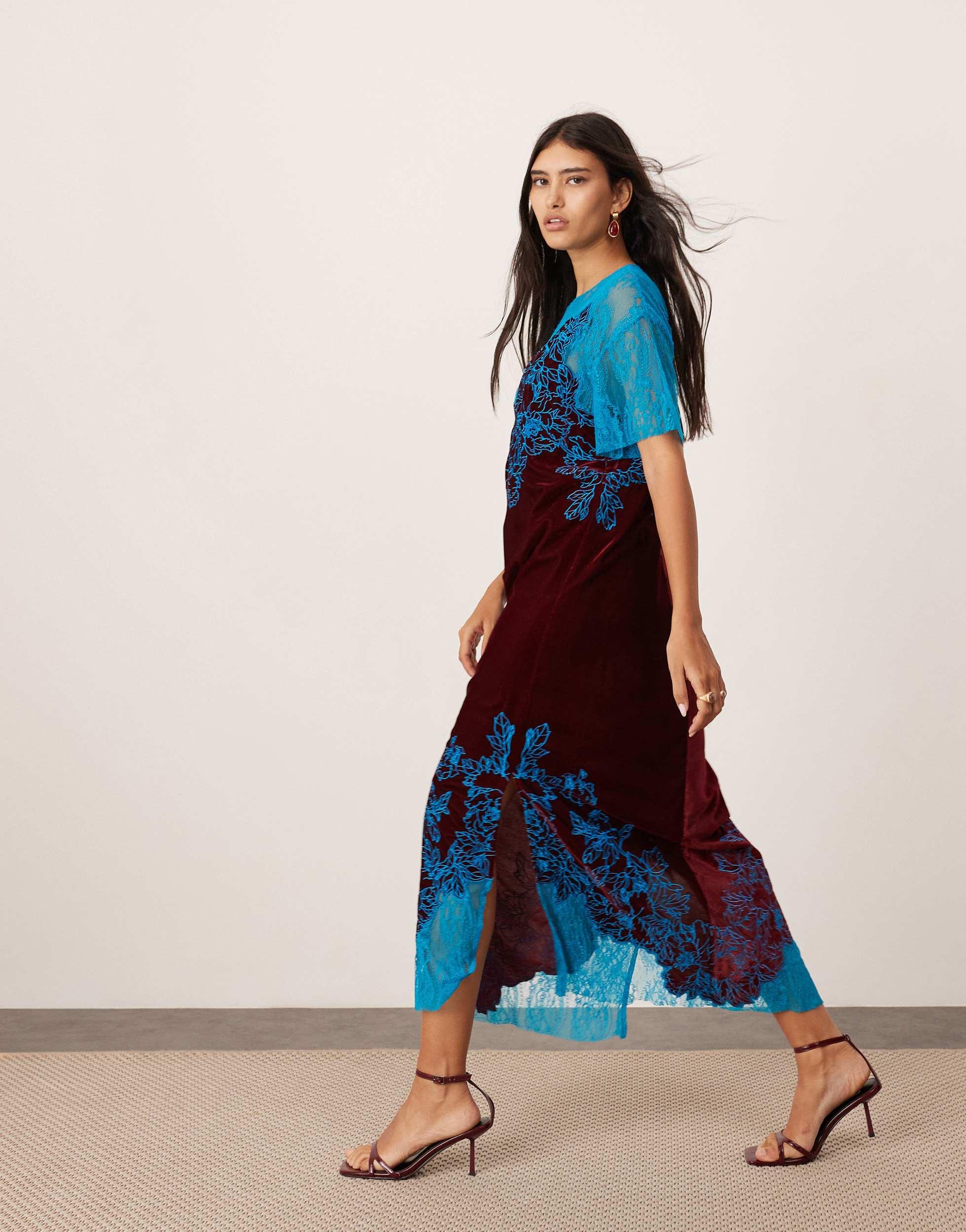 ASOS Velvet Lace Applique Embroidered Column Midi Dress in Blue | Lyst