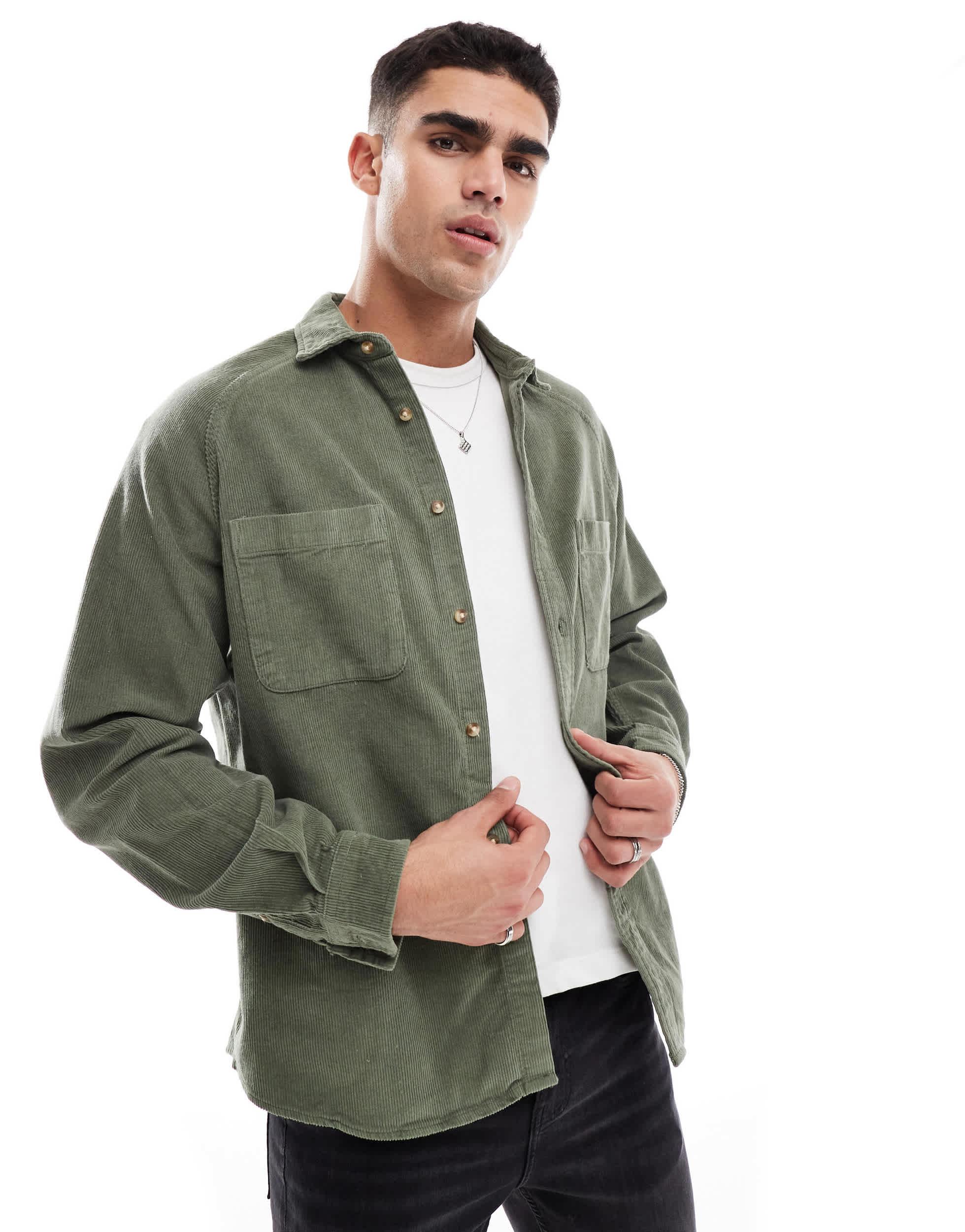 ASOS 90s Oversized Cord Shirt With Square Collar in Green for Men | Lyst