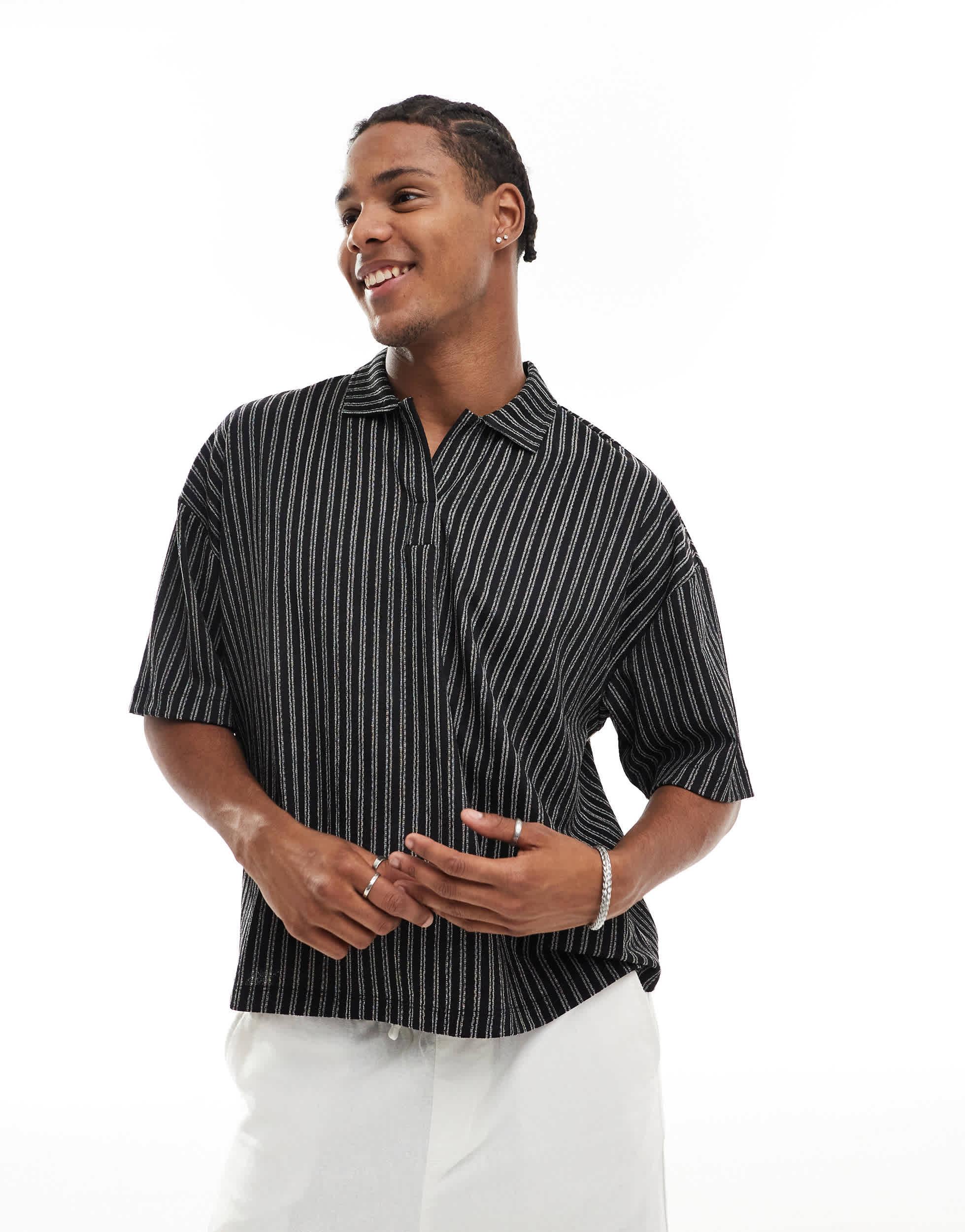ASOS Oversized Boxy Polo Shirt With Texture in Black for Men | Lyst UK